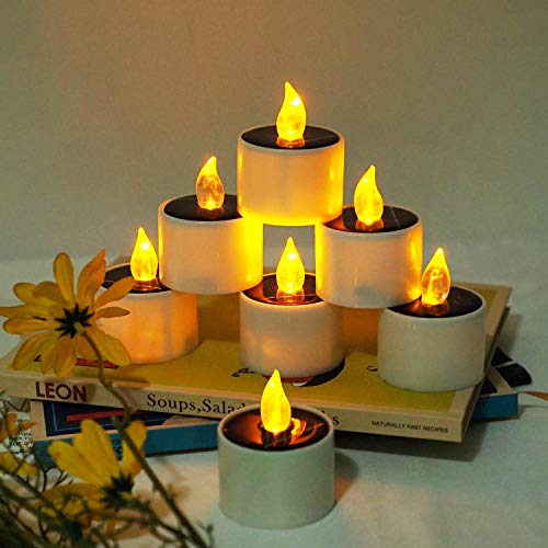 Decorman Solar Tea Lights, 8 Pack Flameless Rechargeable Amber Warm White Flickering LED Candle Lights, Waterproof Lantern Tealight for Home Wedding Garden Yard Pathway