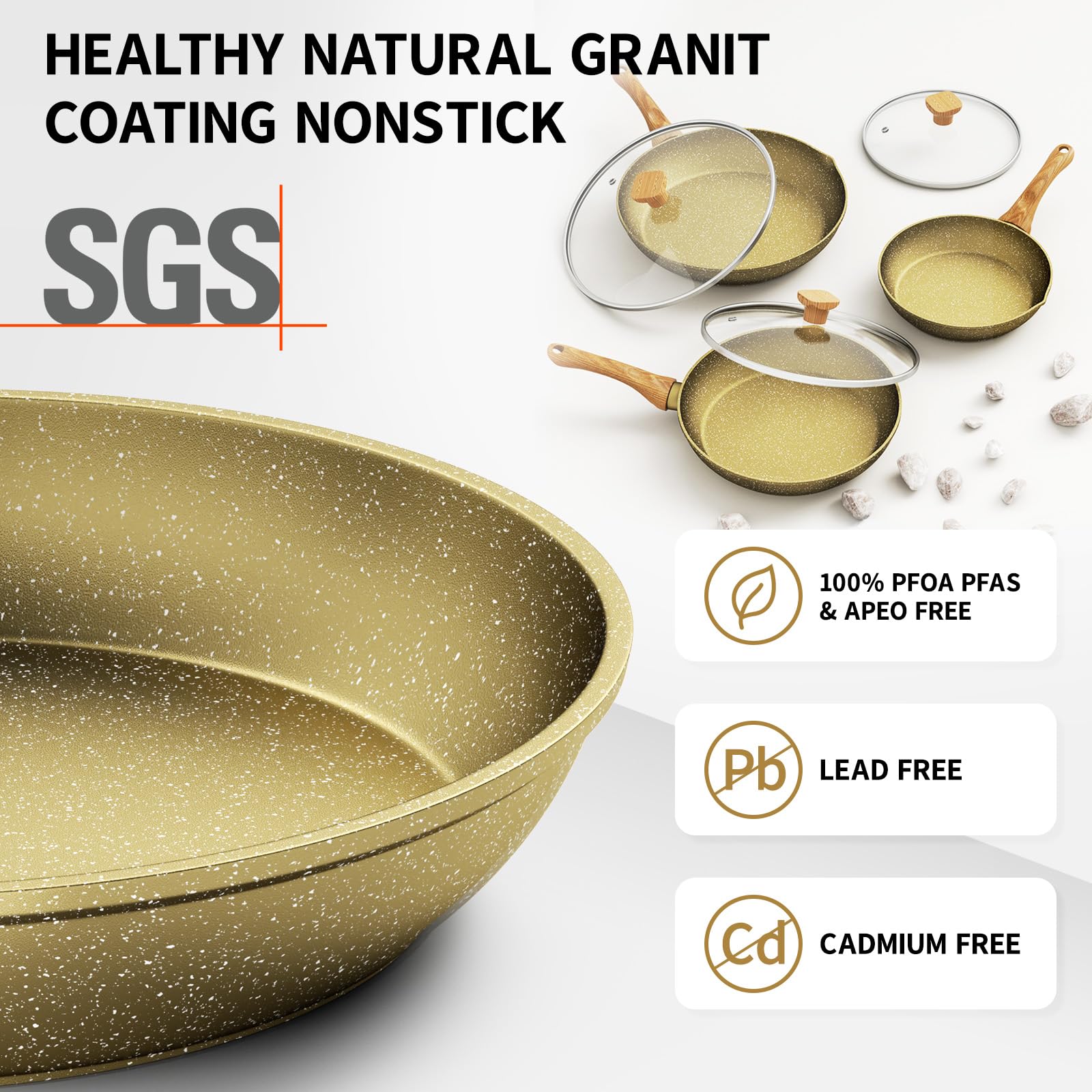 Nonstick Frying Pan Set With Lids,Non Stick Frying Pans Gold Granite Induction Cookware Set,Egg Omelette Skillet Set W/Lid,Healthy Kitchen Cooking Pans,PFOA Free