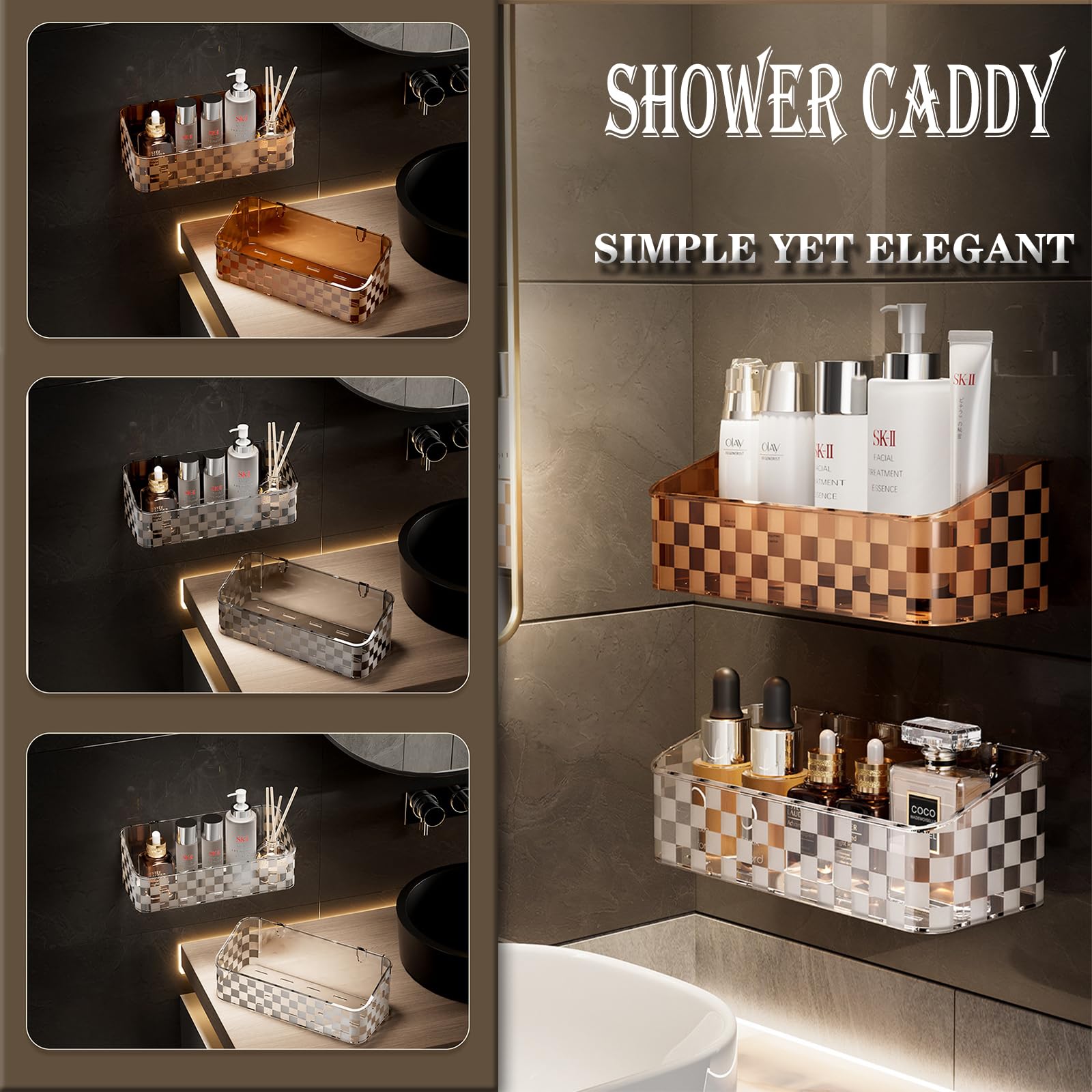 Lae Nuvole 2 Pack Suction Cup Shower Caddy Wall Mount Bathroom Organizers and Storage, Plastic Shower Caddy Adhesive Shower Organizer for Wall, Clear (Transparent)