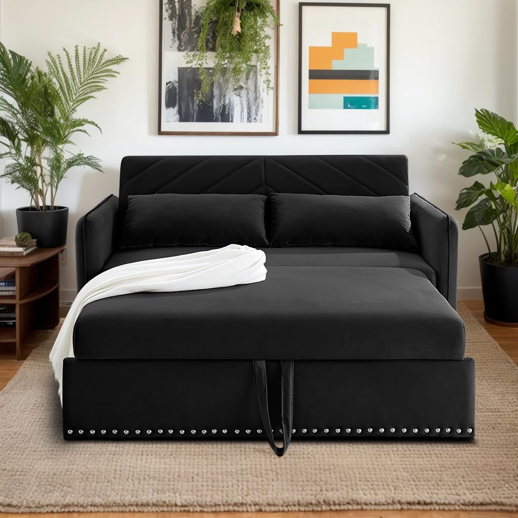 Mofolit Convertible Modern Sleeper Sofa Bed w/USB Port, 3-in-1 Adjustable Sleeper Sofa Couch w/Pull-Out Bed, Pillows & Side Pocket, Velvet for Living Room,Apartment,Small Space 55.5“(Black)