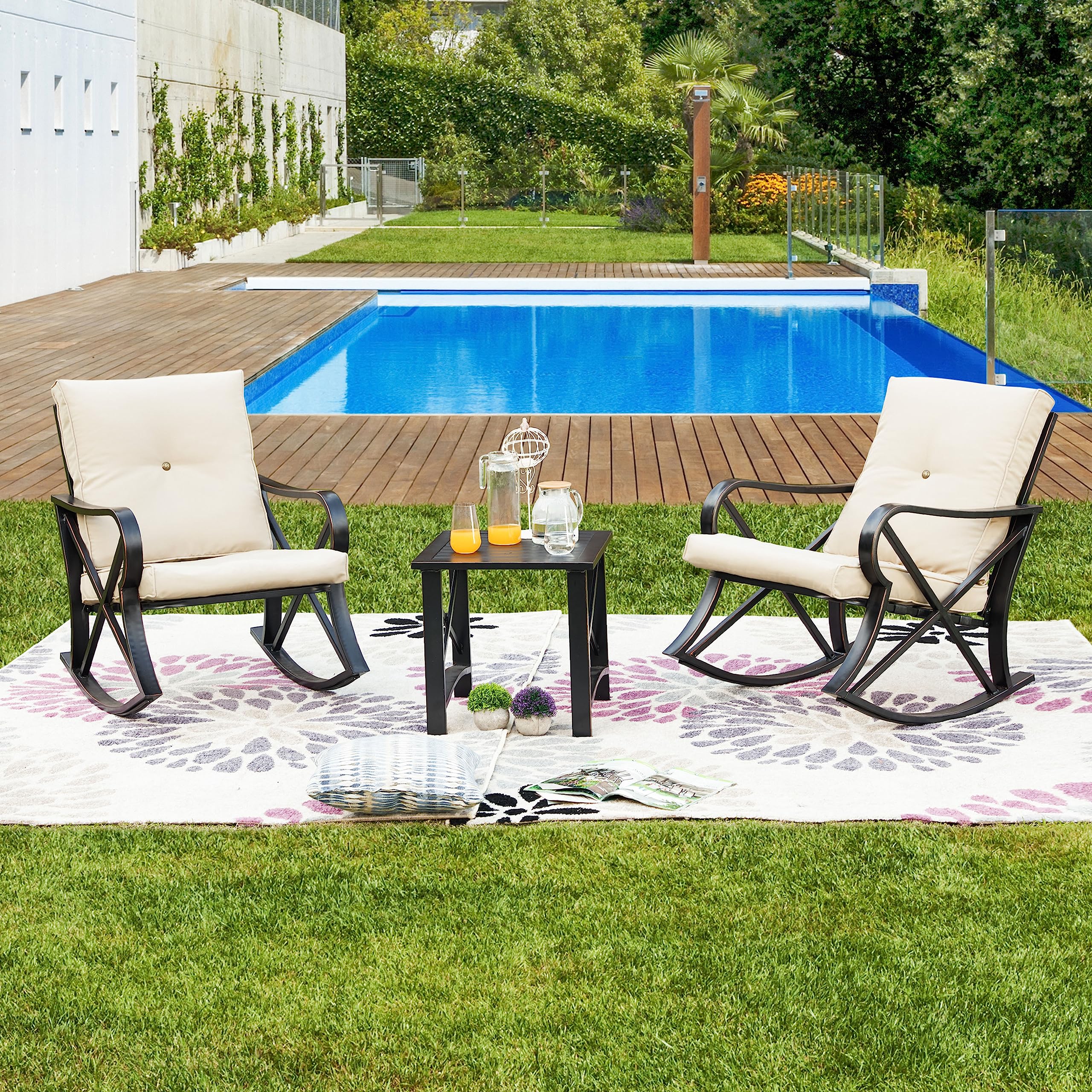 LOKATSE HOME 3-Piece Outdoor Patio Rocking Steel Furniture Bistro Set with 2 Rocker and 1 Metal Square Coffee Table(Khaki Thickened Cushion)