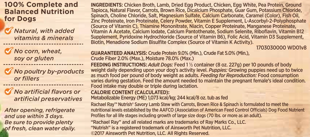 Rachael Ray Nutrish Premium Natural Wet Dog Food, Savory Lamb Stew Recipe, 8 Ounce Tub