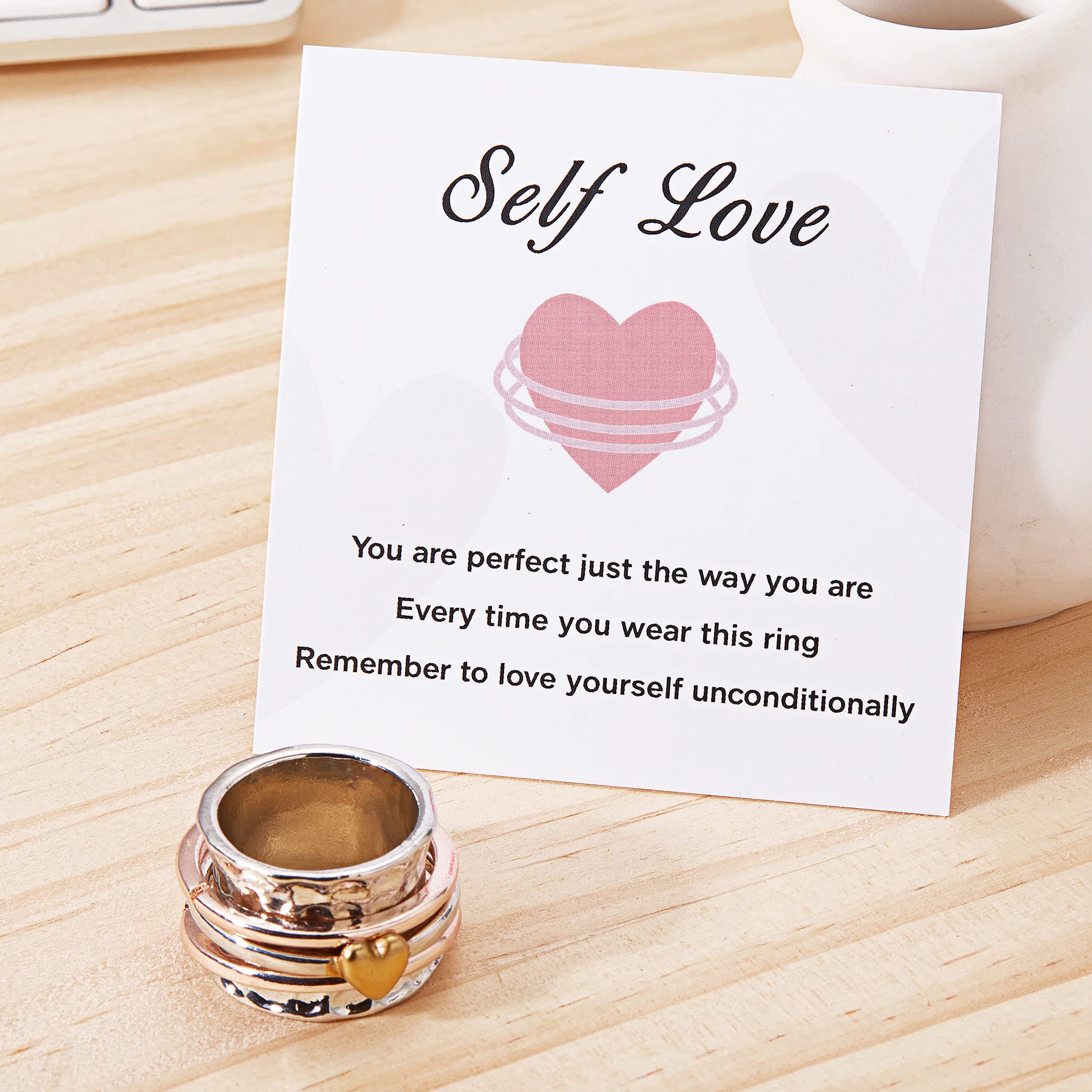 Gmai Self Love Spinner Heart Ring Silver Plain Hammered Spinner Band Rings Anxiety Relief Heart Design Fidget Spinner Wide Band Ring Love Ring Gift for Women