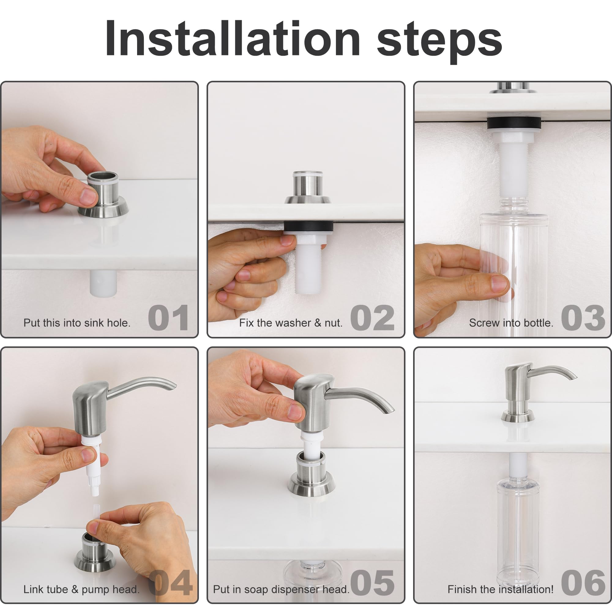 GAGALIFE Built in Sink Soap Dispenser or Lotion Dispenser for Kitchen Sink, Brushed Nickel ABS Pump Head, with 13 Ounce Large PET Soap Bottle