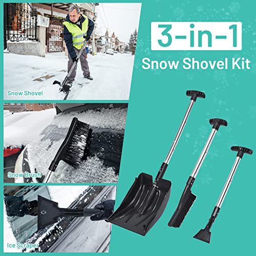 GYMAX 3 in 1 Retractable Snow Shovel, 35β Adjustable Snow Shovel Kit with Snow Brush & Ice Scraper, Portable Snow Removal Combo with Carrying Bag, Portable for Vehicle, Outdoor, Backyard