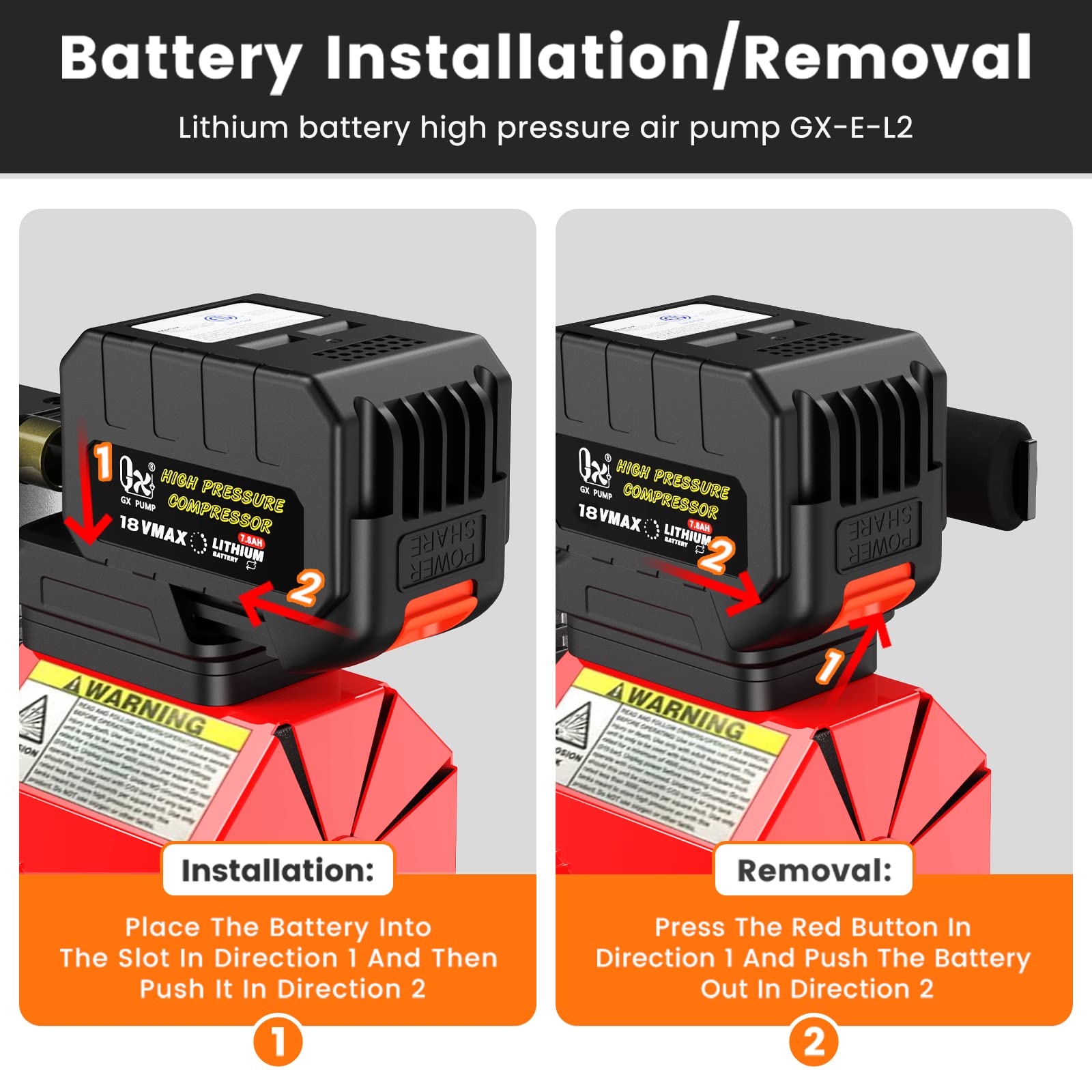 GX PUMP E-L2 Portable 18V Cordless PCP Air Compressor,4500Psi/300Bar, Oil-Free, Powered by 1 x 7.8Ah Lithium-Ion Battery (Included) or 110v to 18V Converter (Sold Separately) for Home Outlet