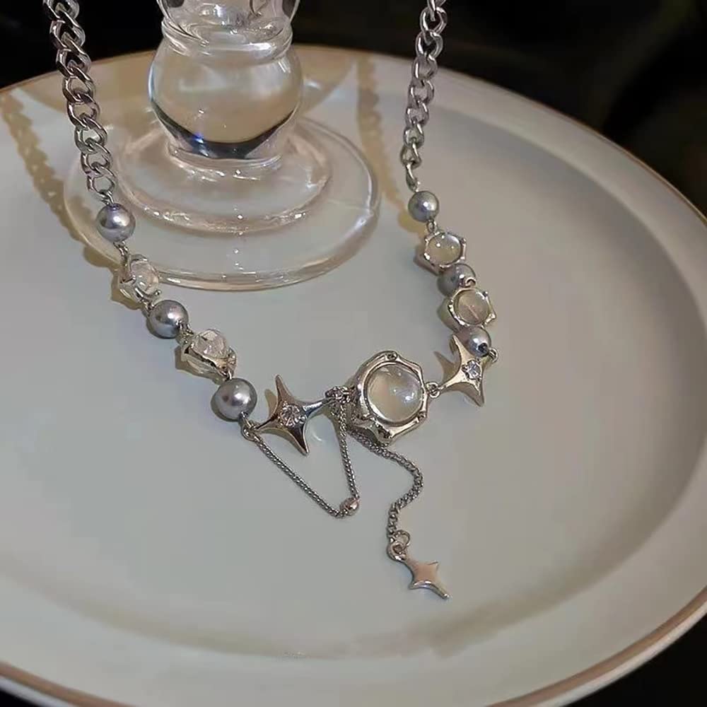 gothapy Y2k Star Moonstone Necklace Set Punk Irregular Agate Grunge Rings Gothic Downtown Girl Choker for Women Egirls