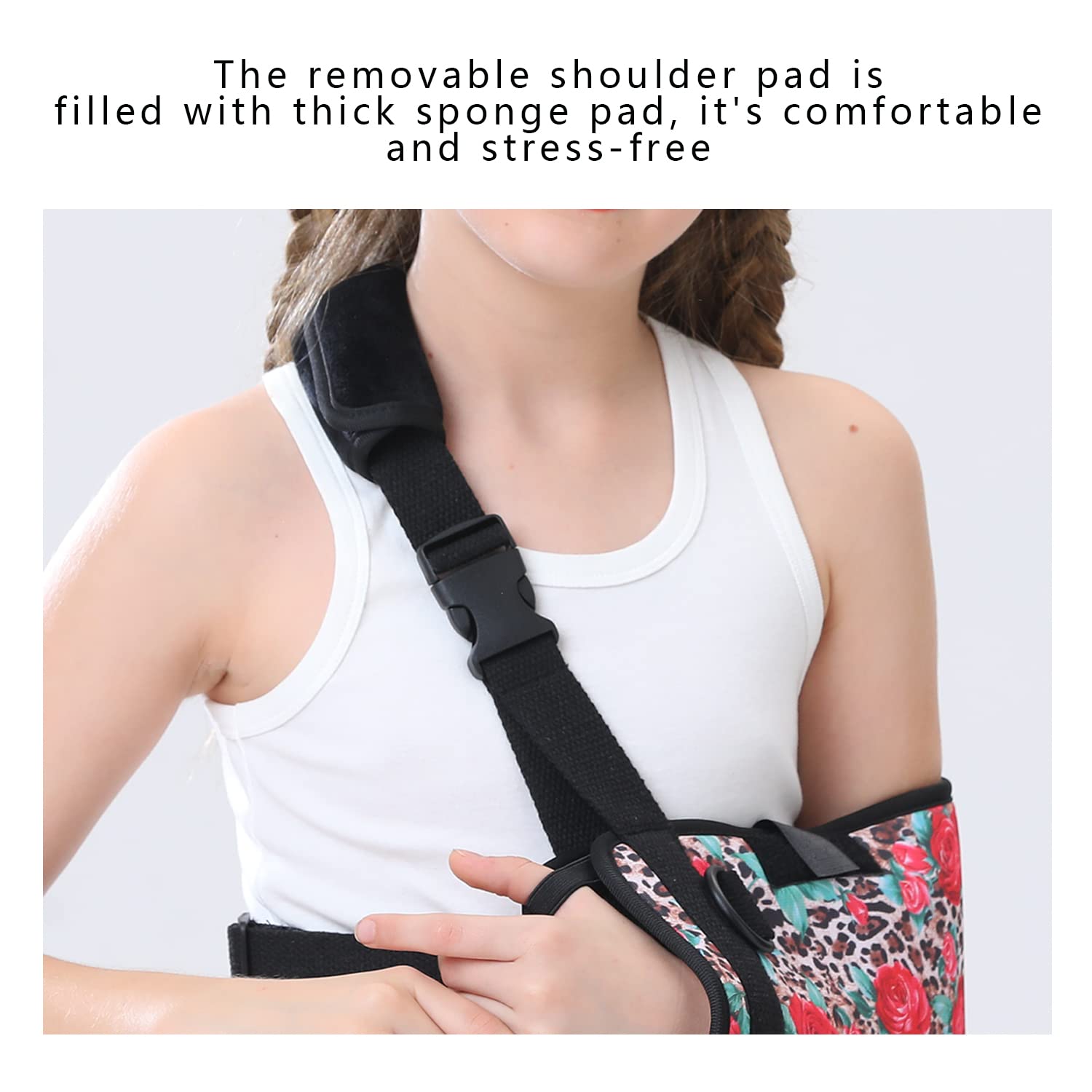 Fotgok Foam Arm Sling Shoulder Sling with Waist Strap Elbow Brace Support Shoulder Immobilizer for Shoulder Injury for Kids, for Broken, Dislocated, Fracture, Red Rose Leopard, Large