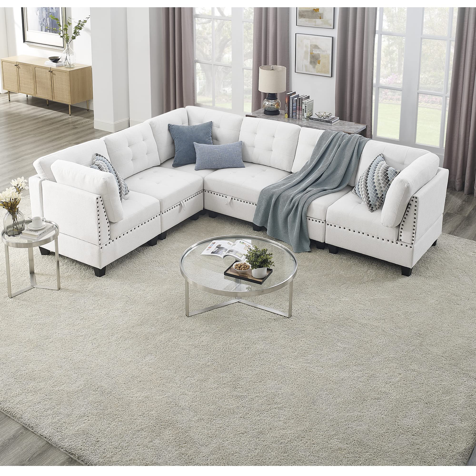 Jintop 116" L Shape Modular Sectional Sofa Three Single Chair and Three Corner,Comfort Chenille Couch w/Copper Nails & Pulled Points,DIY Combination,for Dorm,Apartment,Studio,Office,Navy