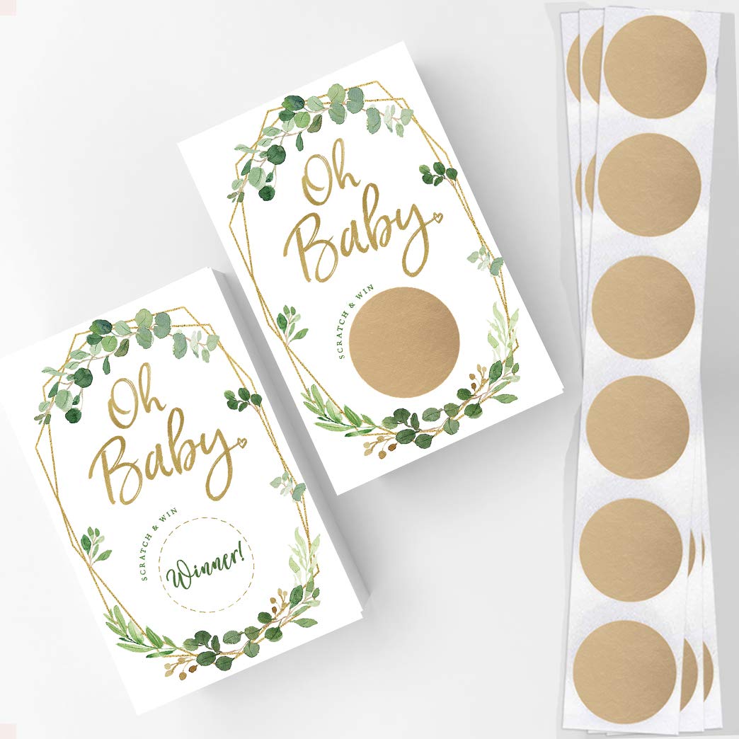 Printed Party Baby Shower Game – Greenery Scratch Off Cards for Girl or Boy, Botanical Theme, 30 Cards & Stickers