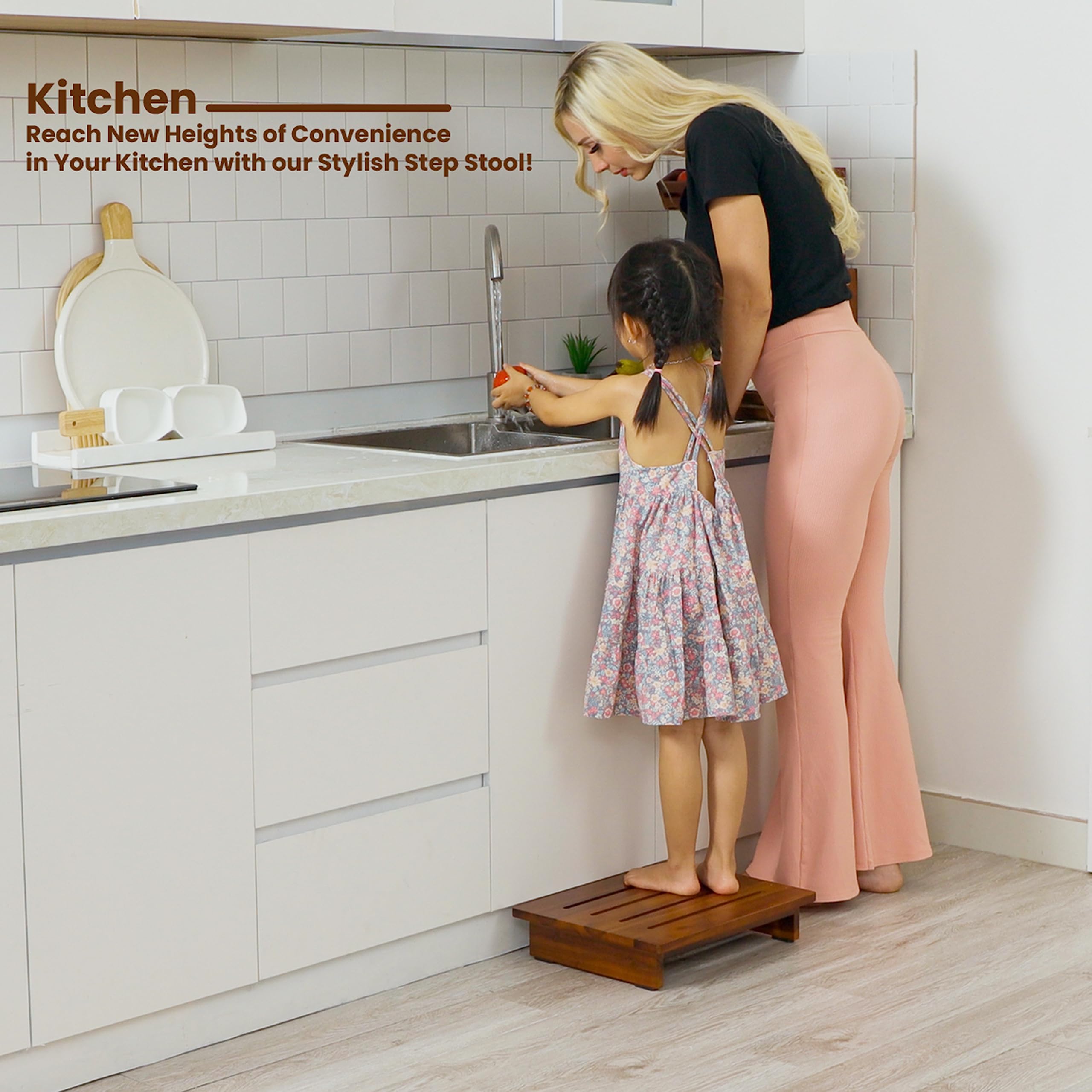 Holana 3.5" One Step Stool for Adults - Step Stools for Bed - Indoor/Outdoor - 550 lbs Safety Stepping Stool Bathroom for Handicap, Elderly, Seniors, Kid, Bathtub, High Beds, Kitchen (Acacia Wood)