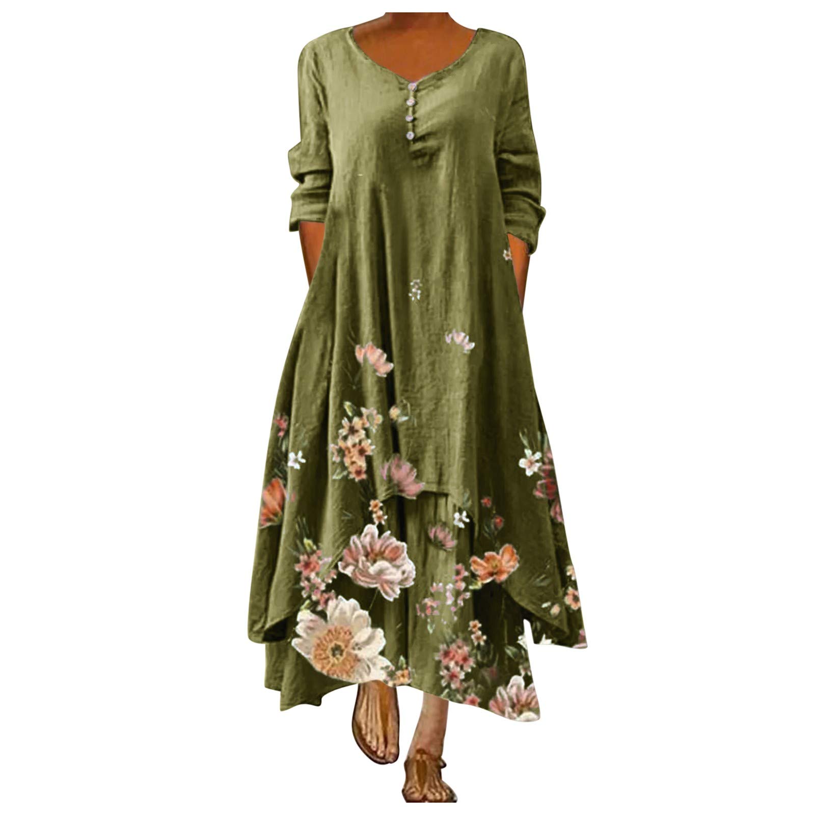 Floral Long Dress for Women Retro Button Maxi Dress Pattern Printed Layered Swing Dress Green