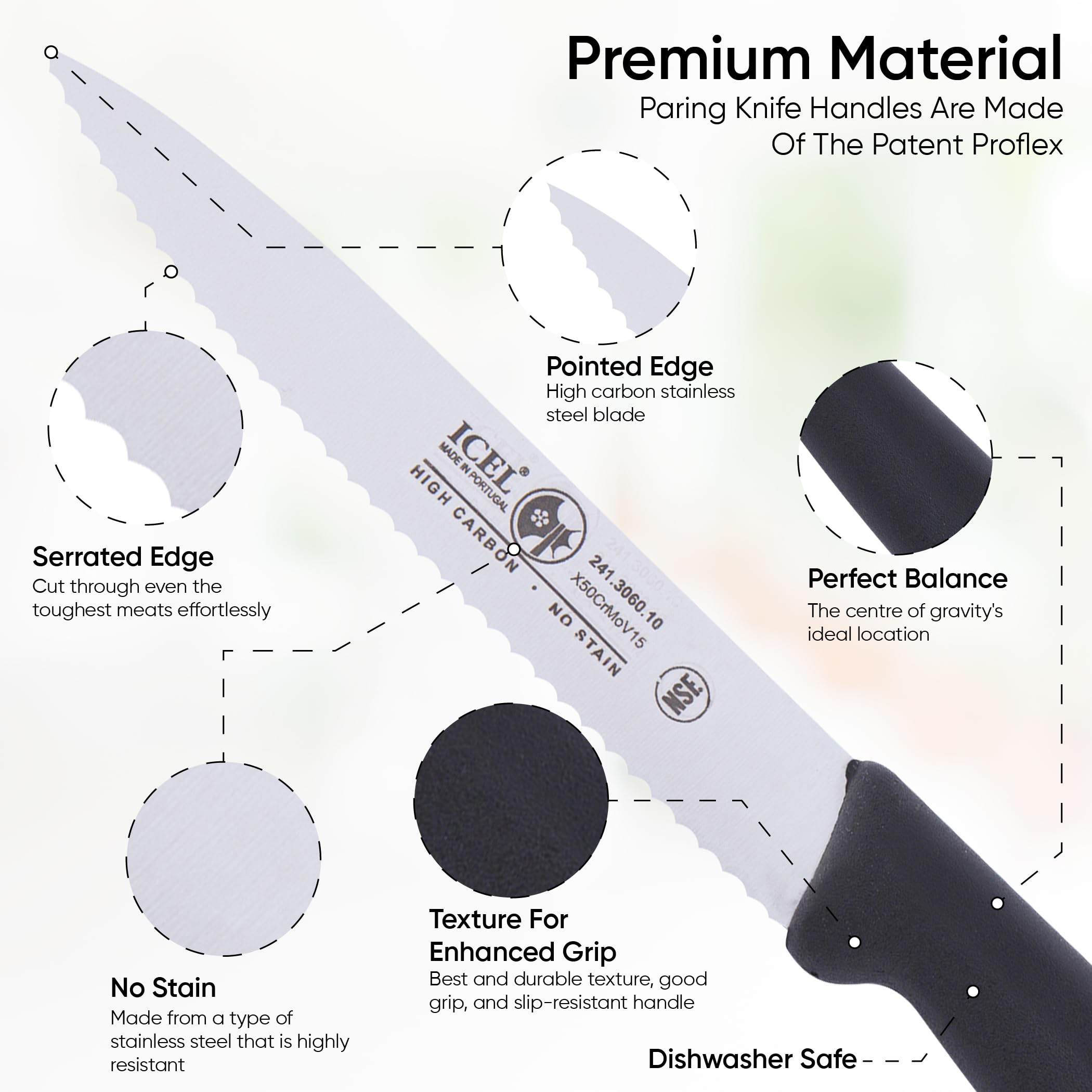 ICEL 4 Inch Paring Knife, Serrated Edge, High Carbon German Stainless Steel razor Sharp Blade, Red Handle
