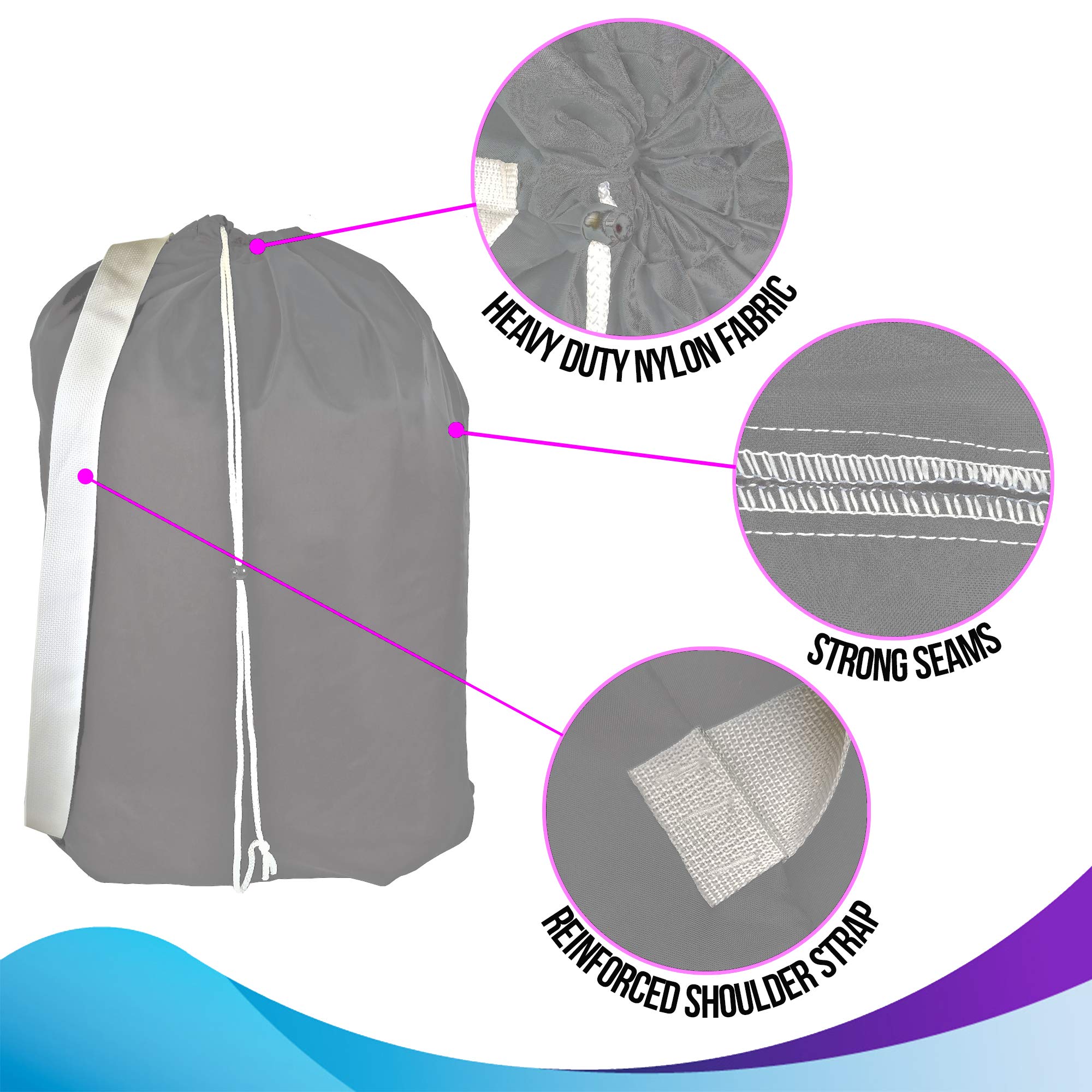 Nylon Laundry Bags, Size: 30" x 40" with Shoulder Strap, Heavy Duty, College, Laundry, Household, Storage. Machine Washable. Made in USA. (Grey, Pack of 2)