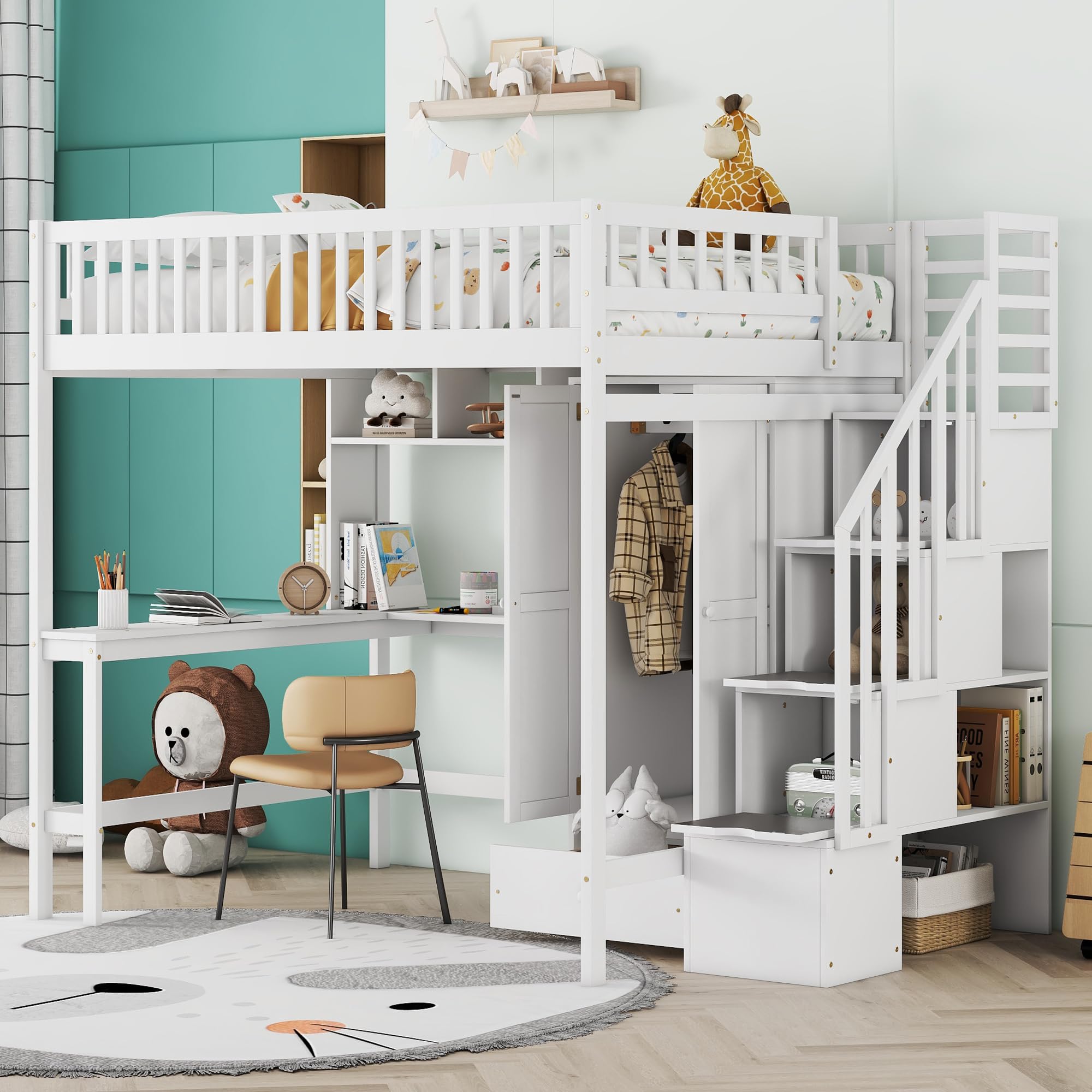 Merax Full Loft Beds Stairway Loft Bed Frame with Wardrobe, Desk, Bookshelf and Drawers, White