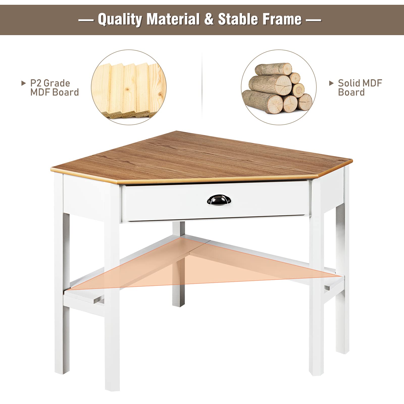 IFANNY Corner Desk, Triangle Desk with Drawers and Shelves, Wood Corner Console Table, Vanity Table with Storage, Corner Writing Desk, Small Corner Desks for Small Spaces (Natural & White)