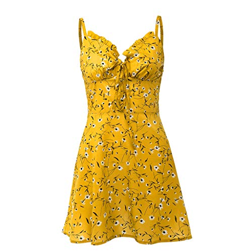 Floral Print Sleeveless Sling Dress Womens Front Lace Ups Back Zipper Patchwork Beach Dress Yellow