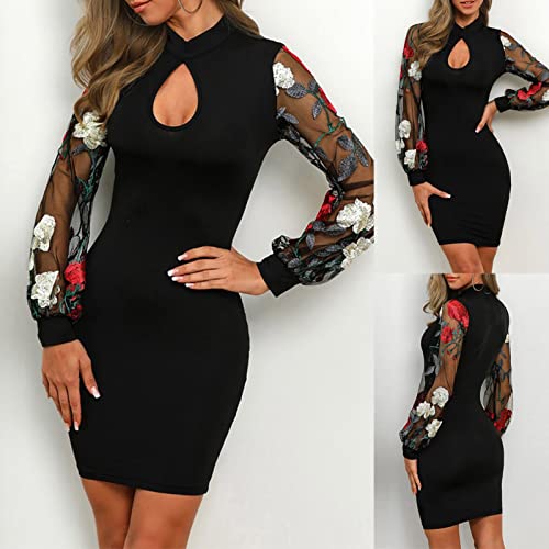 Floral Mesh Long Sleeve Wrap Dress Womens Hole Crewneck Patchwork Slim Mini Dress Printed Elegant Prom Dress Black