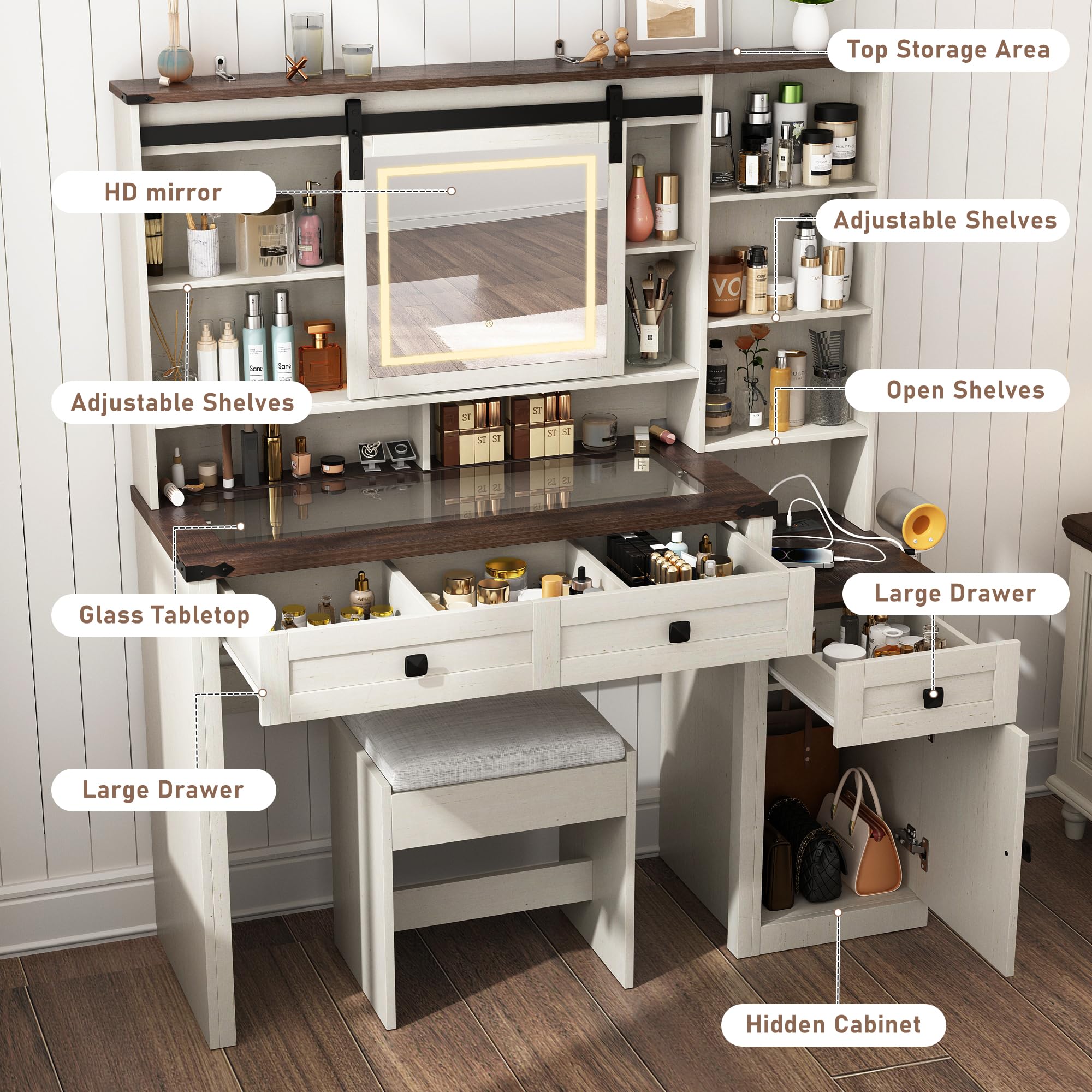 jiteentarou Farmhouse 47.2" Makeup Vanity Desk with Sliding Mirror and Lights, Vanity Set with Stool & Charging Station, 3 Colors Lights, Glass Desktop, Ample Storage, Brown