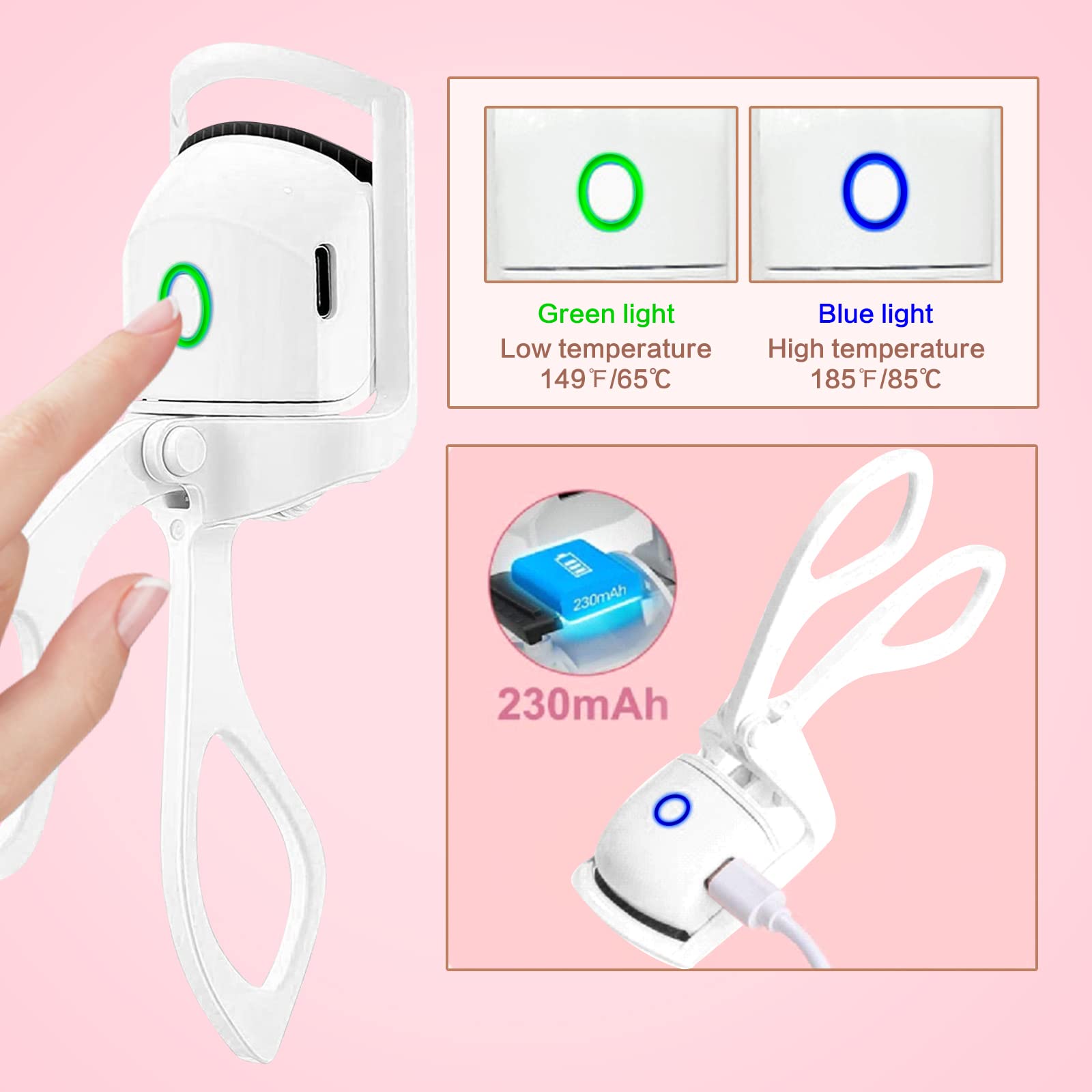 Heated Eyelash Curlers Fast Heating, Eyelash Curler 2 Gears Adjustable(149°F/185°F),Eyelash Curlers Portable, USB Lash Curler, Fast Curling Tweezerman Eyelash Curler, Get The Perfect Curl Within 5S