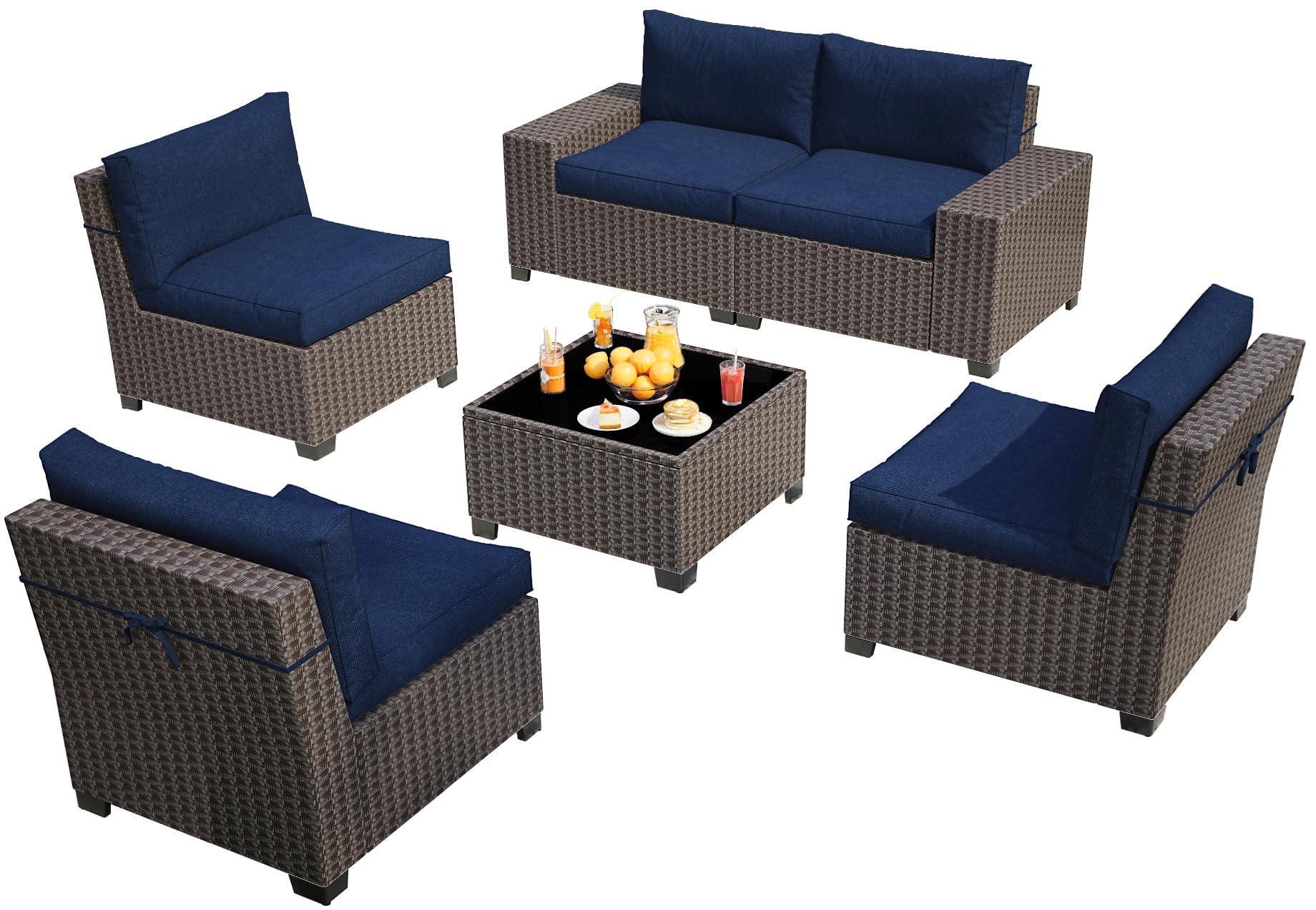 IDEALHOUSE 6 Pieces Outdoor Patio Sectional Sofa Couch, Brown PE Wicker Furniture Conversation Sets with Navy Blue Cushions & Glass Coffee Table for Garden, Poolside, Backyard (Square)