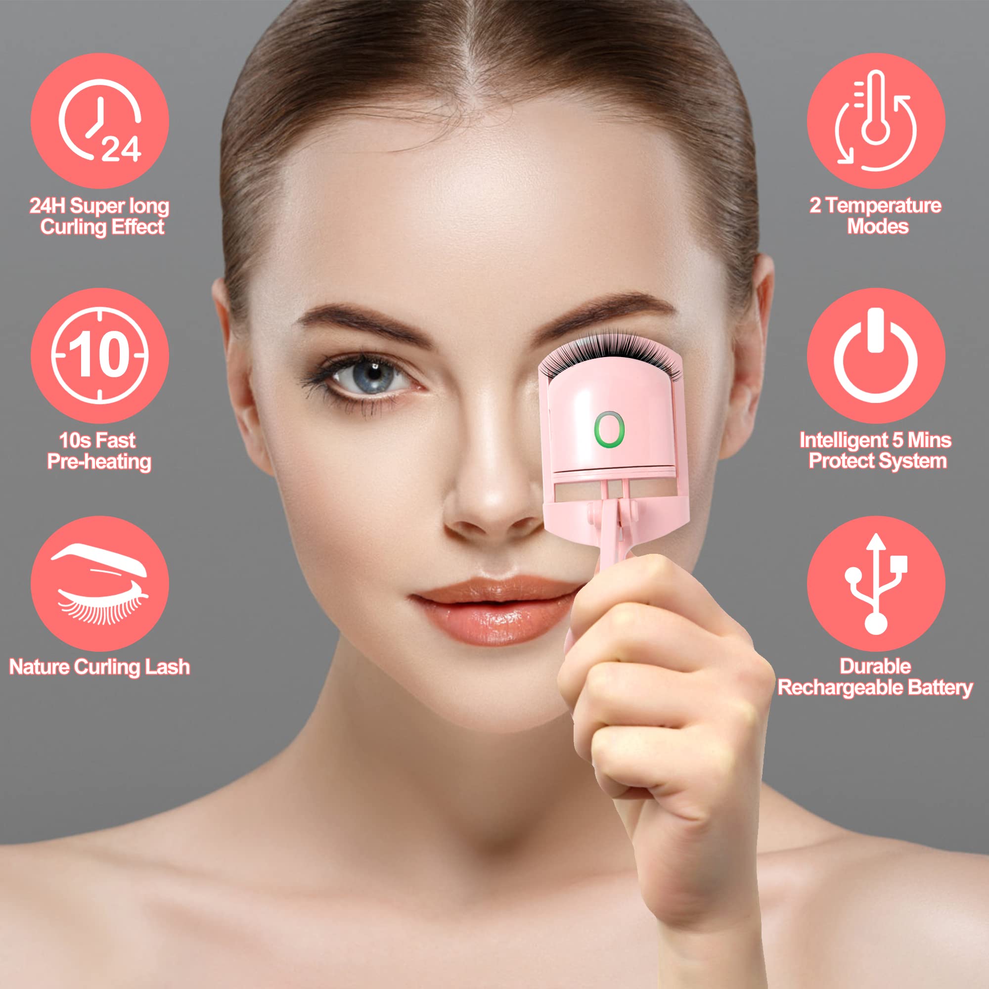Heated Eyelash Curler, Eye Lash Curler, USB Rechargeable Electric Eyelash Curlers, 2 Heating Modes Quick Charging Natural Curling Eye Lashes for Long Lasting Pink