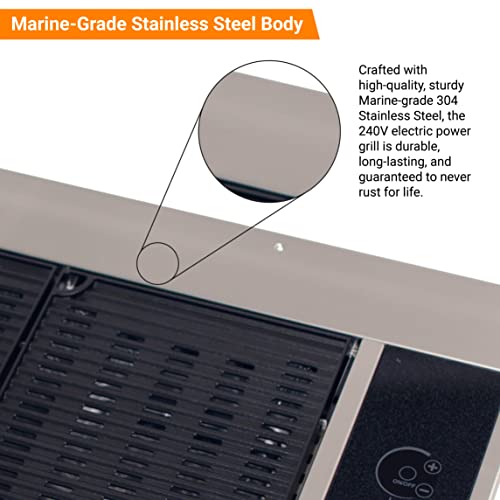 Kenyon Texan No-Lid Electric Grill, Stainless Steel Grill With Two Burners And Non-Stick Coating, Quick Heat Up, Standard Lite-Touch Control, UL-Approved For Indoor And Outdoor Use, 240V