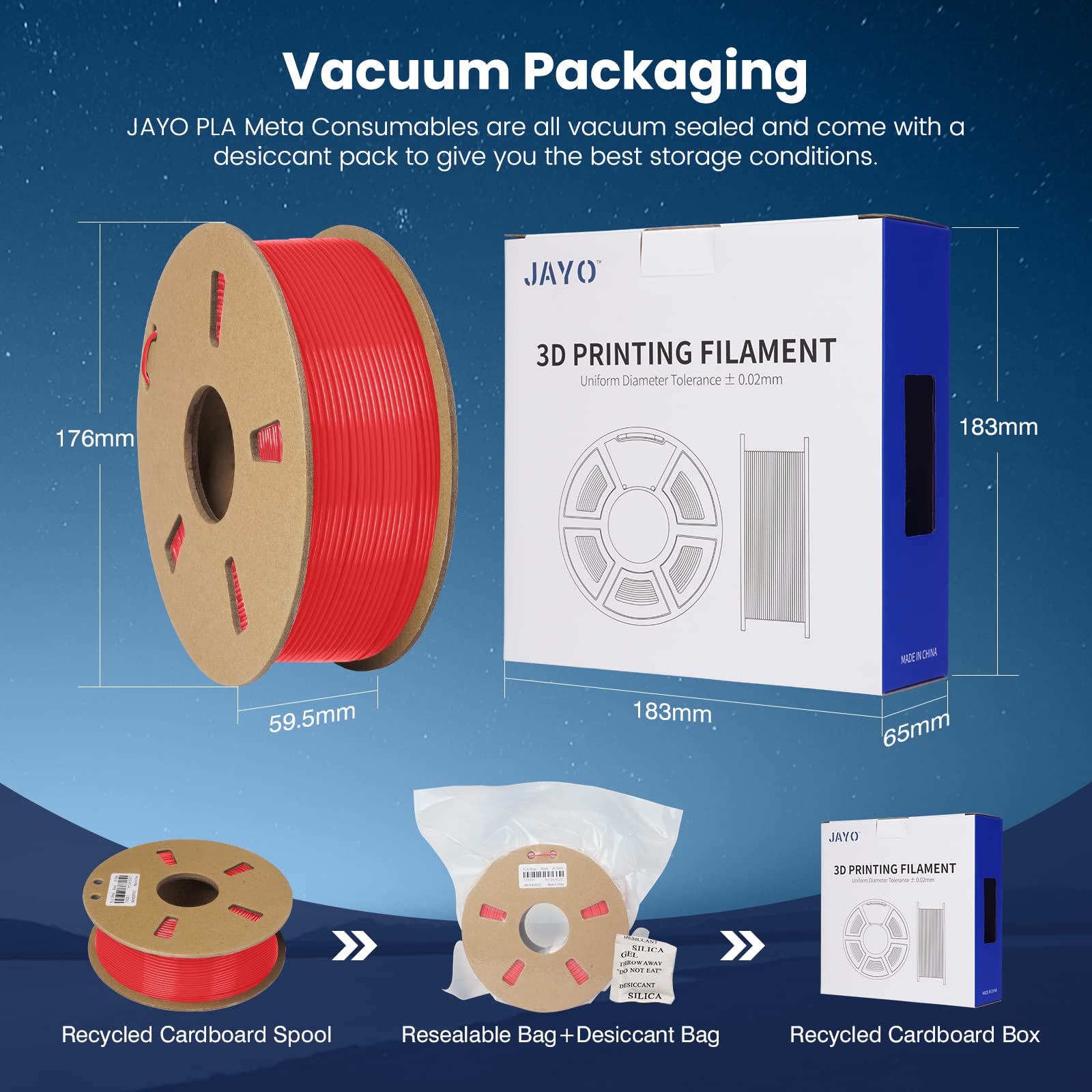 JAYO PLA 3D Printer Filament, PLA Meta Filament 1.75mm 0.65KG Spool, Toughness and High Liquidity Neatly Wound Filament, Dimensional Accuracy +/- 0.02mm, Fit Most FDM 3D Printers, Black