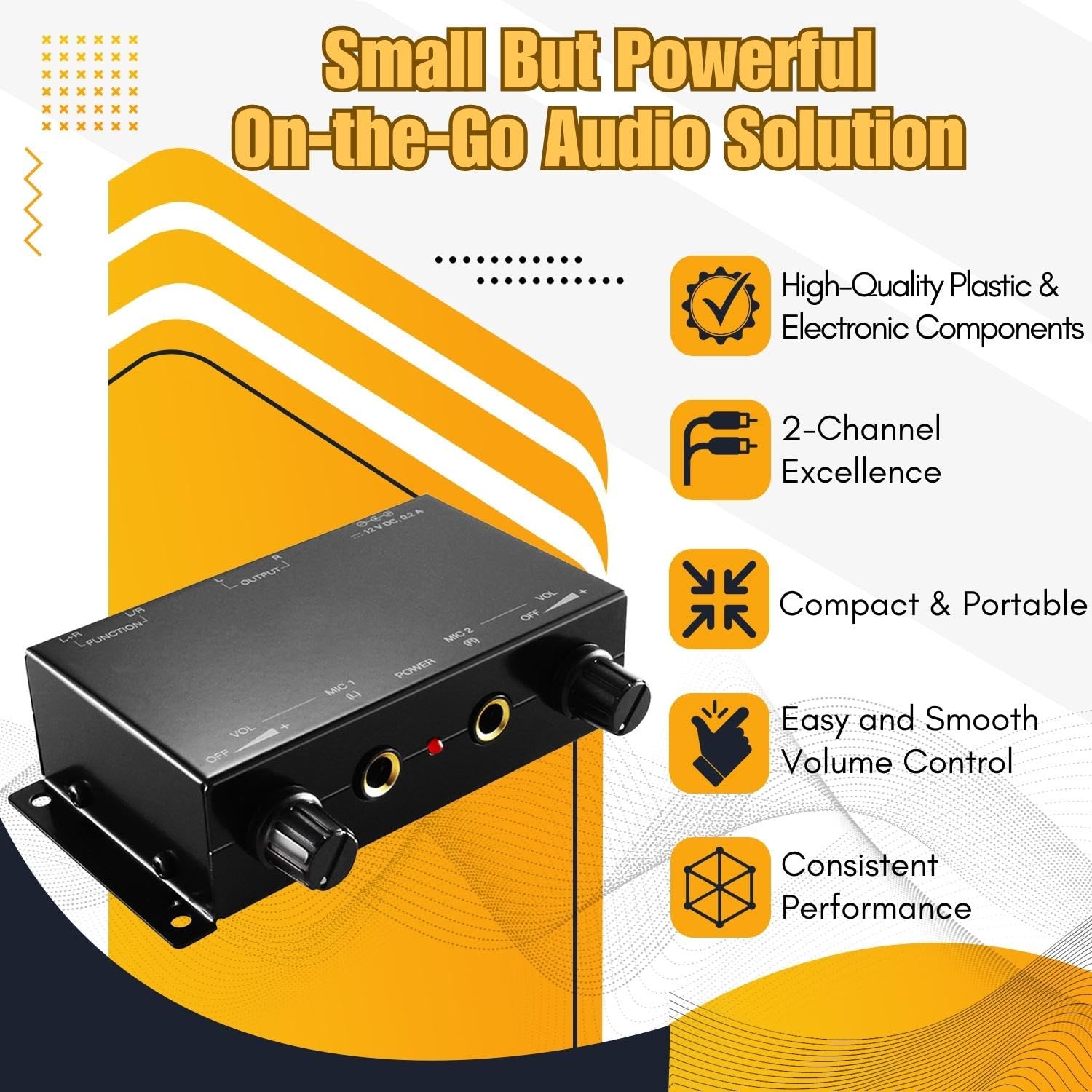 TNP Mini Mixer Audio - Compact 2 Channel Stereo Mixer, Black, Easy Control, Portable, Compatible with 6.35mm Dynamic Microphones & RCA Stereo Output