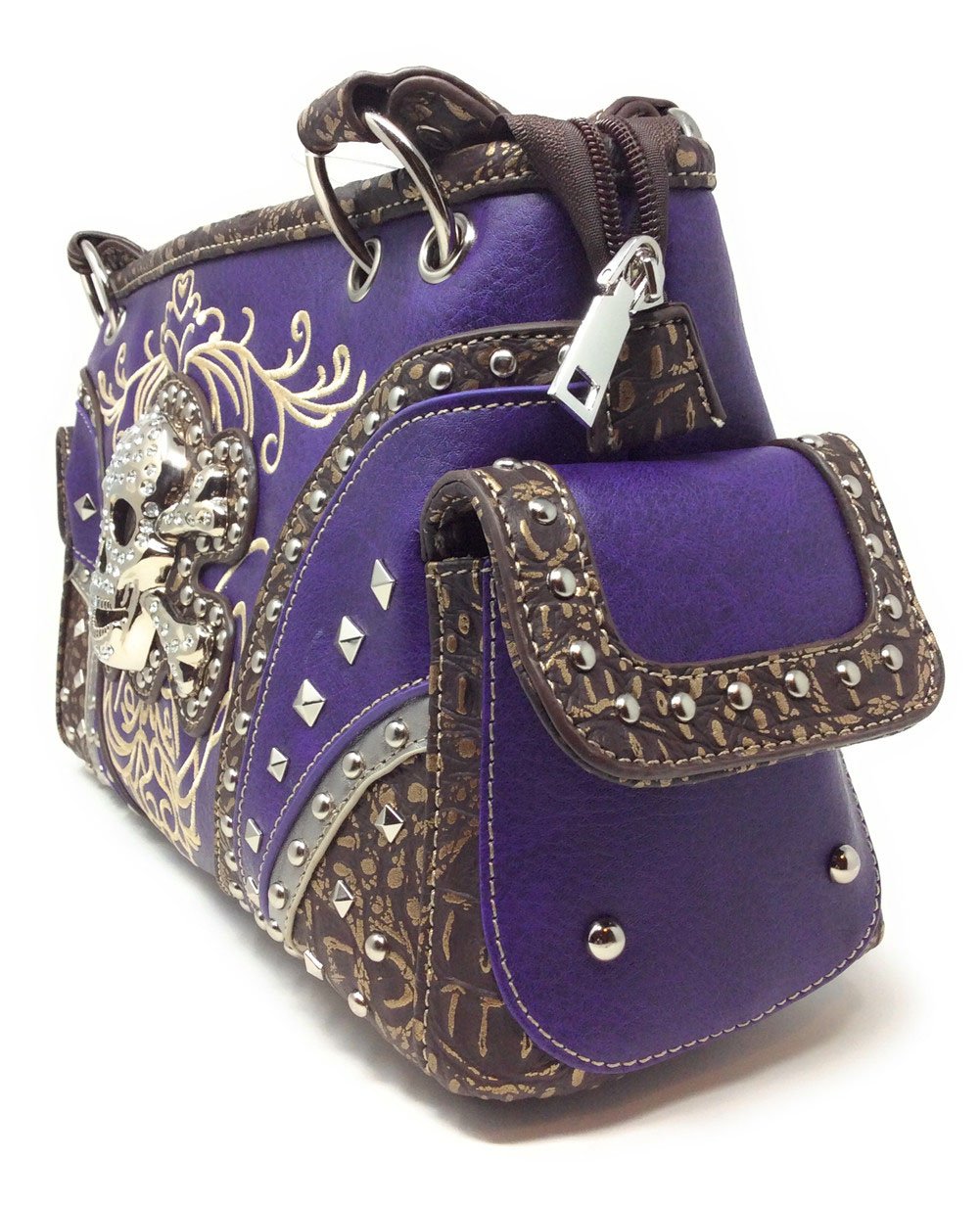 ZZ Fab Embroidered Concealed Carry Rhinestone Studded Skull Purse in 6 colors (Purple)