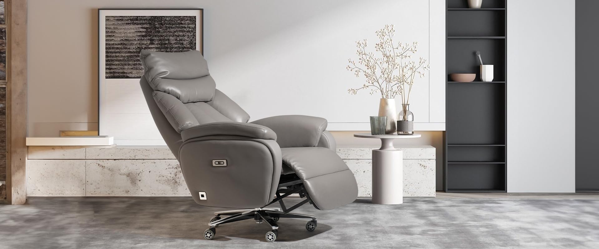 Kinnls Coast Power Office Recliner Chair,Big and Tall Executive Office Chair Fully Reclining Modern Ergonomic Genuine Leather Desk Chair with Arms (Gray-Dual Motor)