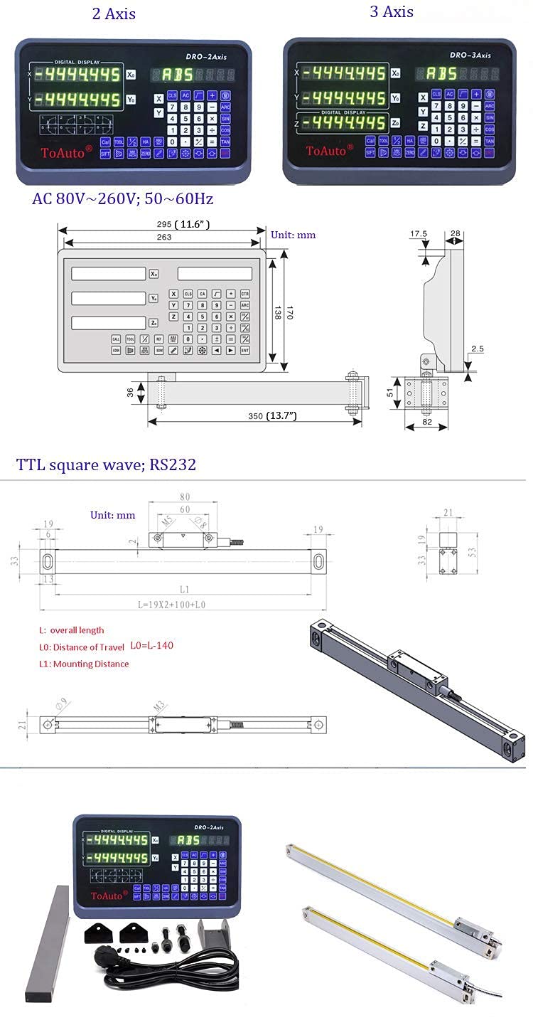TOAUTO 12' '& 40'' 2 Axis DRO Digital Readout Linear Scale 300mm+1000mm Linear Encoder for Milling Lathe Machine