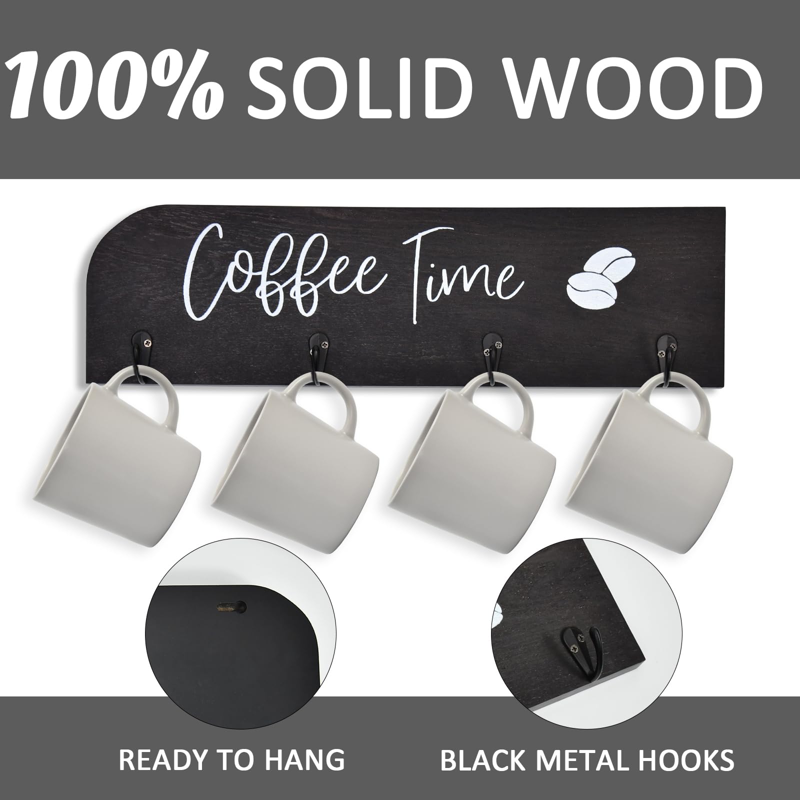 EMAISON Solid Wood Coffee Mug Holder Wall Mounted, Rustic Cup Rack with 12 Hooks Large Space for Big Cups for Kitchen, Home, Coffee Bar Station,Black