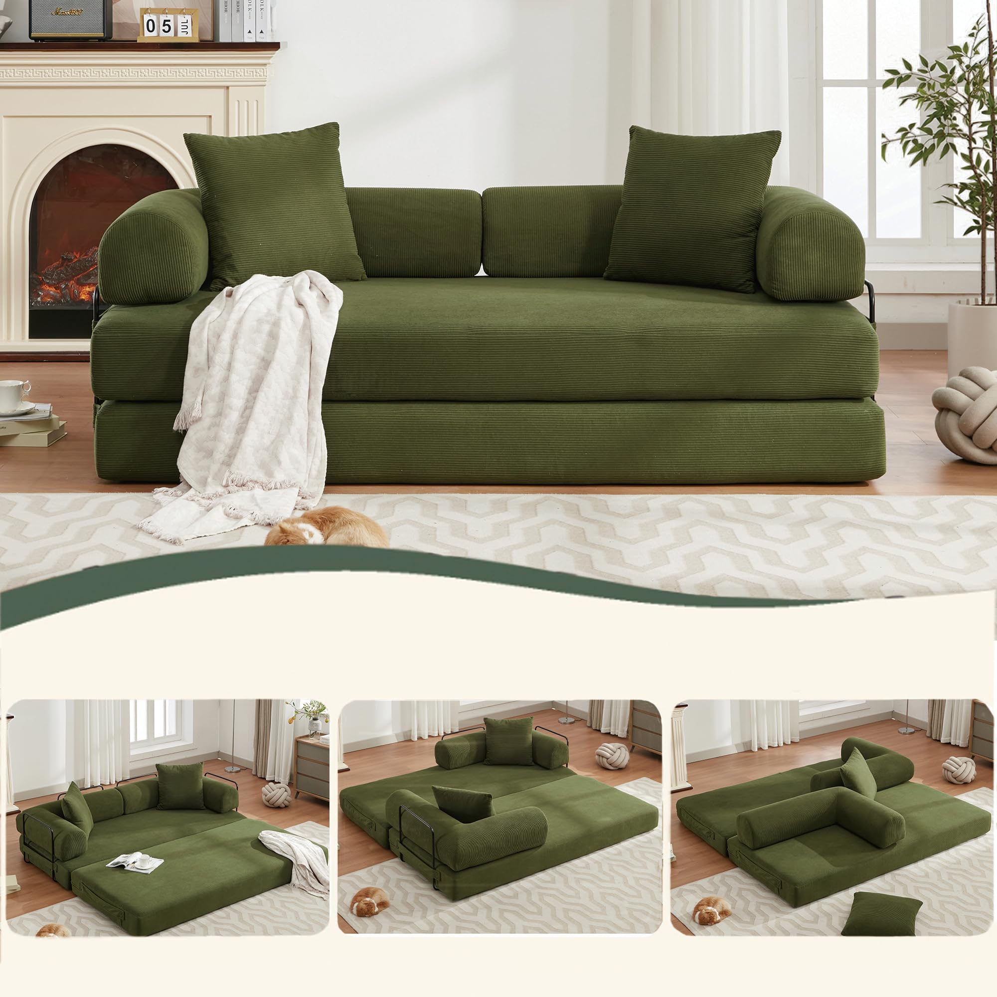 Lakifun 78.5" Folding Convertible Out Sleeper Sofa Bed, 4-in-1 DIY Combination Convertible Corduroy 3 seat Folding Sofa (Green)