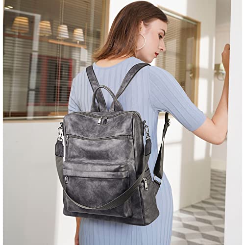 FOXLOVER Backpack Purse for Women Large Womens Backpack Leather Travel Backpack Fashion Backpack Purse Designer Ladies Shoulder Bags(Grey)