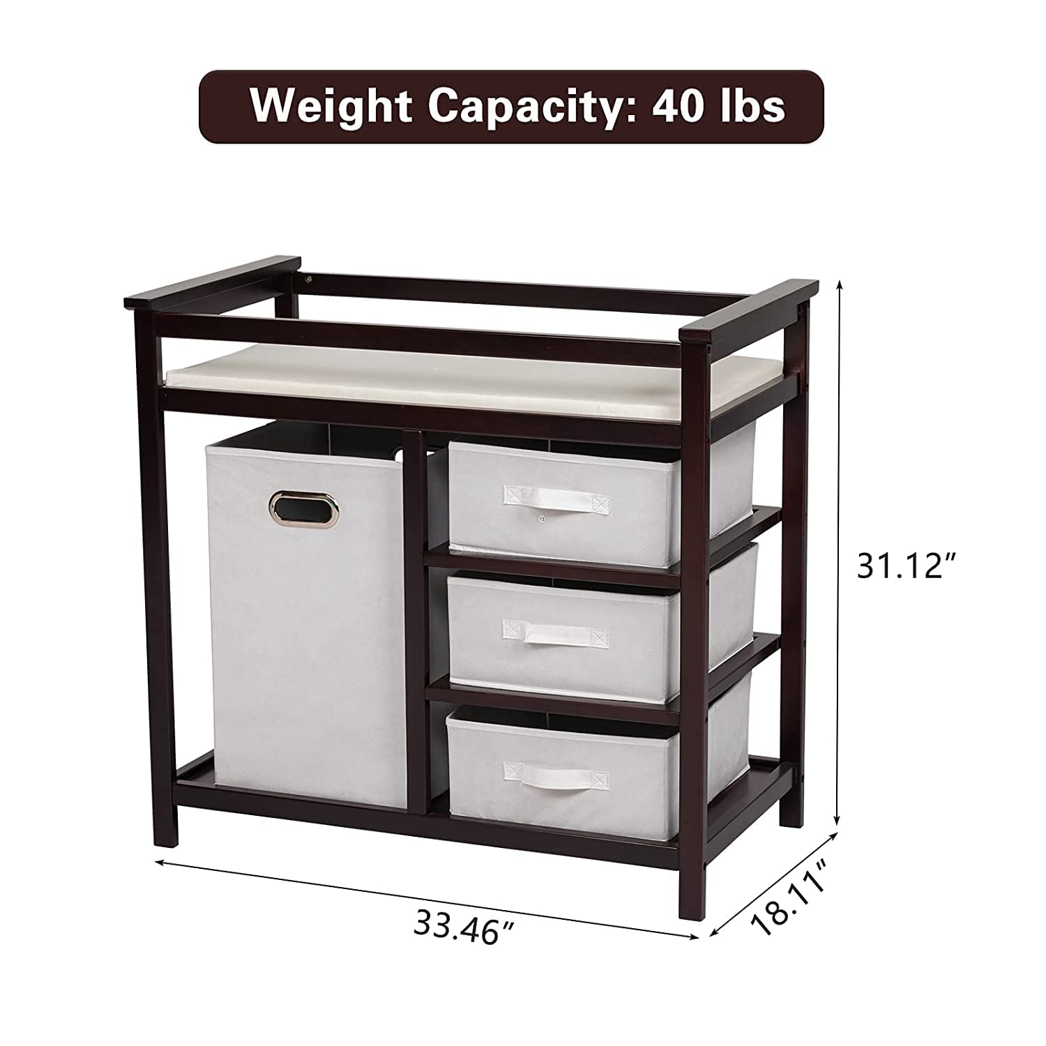 Kinsuite Baby Changing Table - Modern Wooden Nursing Table, with Cushions and Storage Drawers, Mother’s Intimate Care, Convenient and Safe, Brown