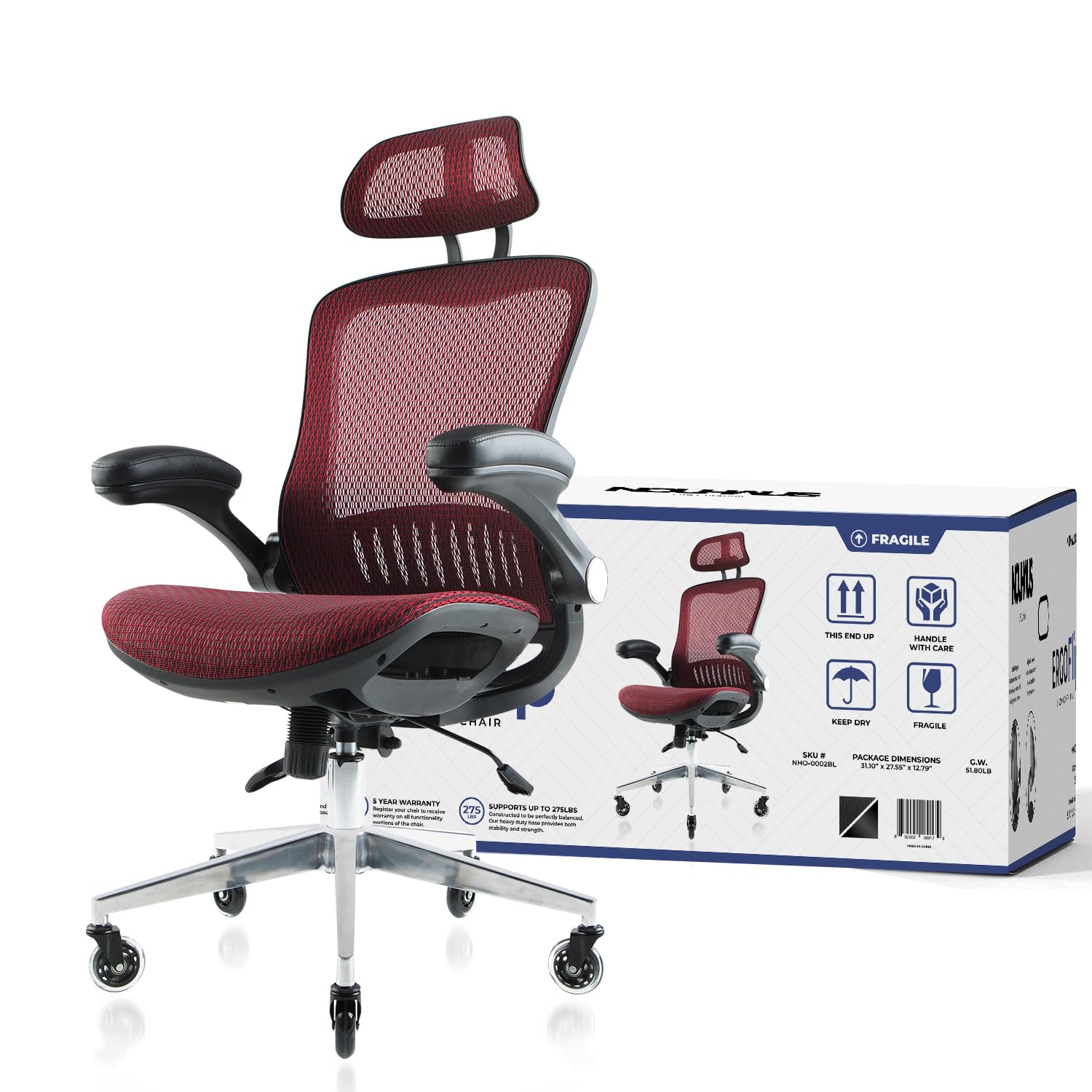 Nouhaus Ergonomic Mesh Office Chair Comfy Gaming Chairs with Adjustable Headrest & Armrest, Big and Tall Swivel Desk Computer Chair Tilt Function(ErgoFlip, Burgundy)