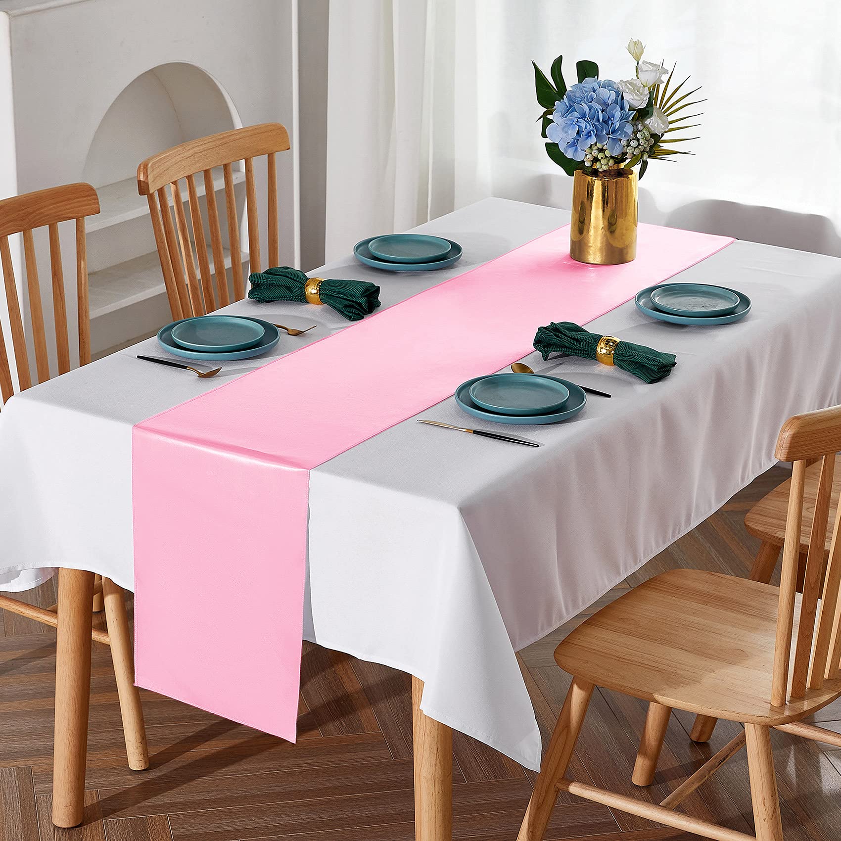 yourose 5 Pack Satin Table Runners 12 x 108 inch for Wedding Banquet Decoration, Bright Silk and Smooth Fabric Party Table Runner (Pink,5 piecess)