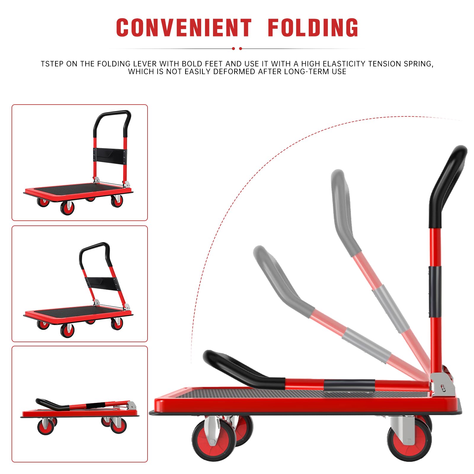 Heavy Duty Steel Platform Truck Cart,1200 lbs Weight Capacity and 360 Degree Swivel Wheels, Foldable Push Hand Cart for Loading and Storage, Reinforced Base Plate (Red,Large)