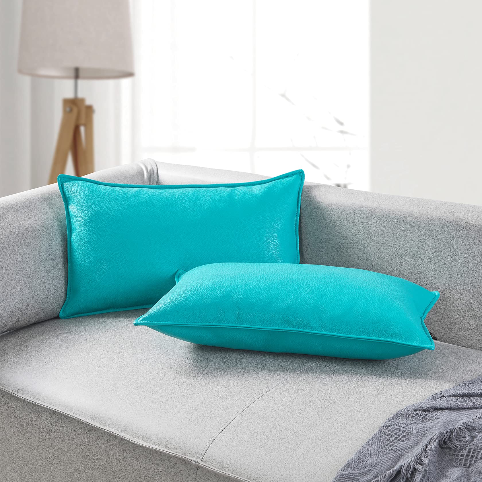 YINNAZI Thick Heavy Duty Soft Faux Leather Throw Pillow Covers, Solid Color, Waterproof Dustproof, Square Garden Cushion case, Pillowcase for Patio Couch Sofa Bench, 12x 20 Inch, Set of 2, Teal Green