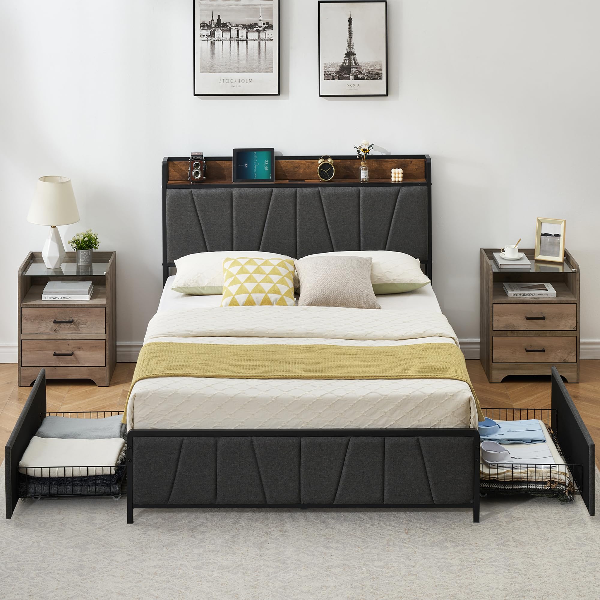 IDEALHOUSE Twin Size Bed Frame with 2 Storage Drawers and Charging Station, Upholstered Platform Bedframe with Storage Headboard, Heavy Duty, No Box Spring Needed, Easy Assembly, Noise Free, Grey