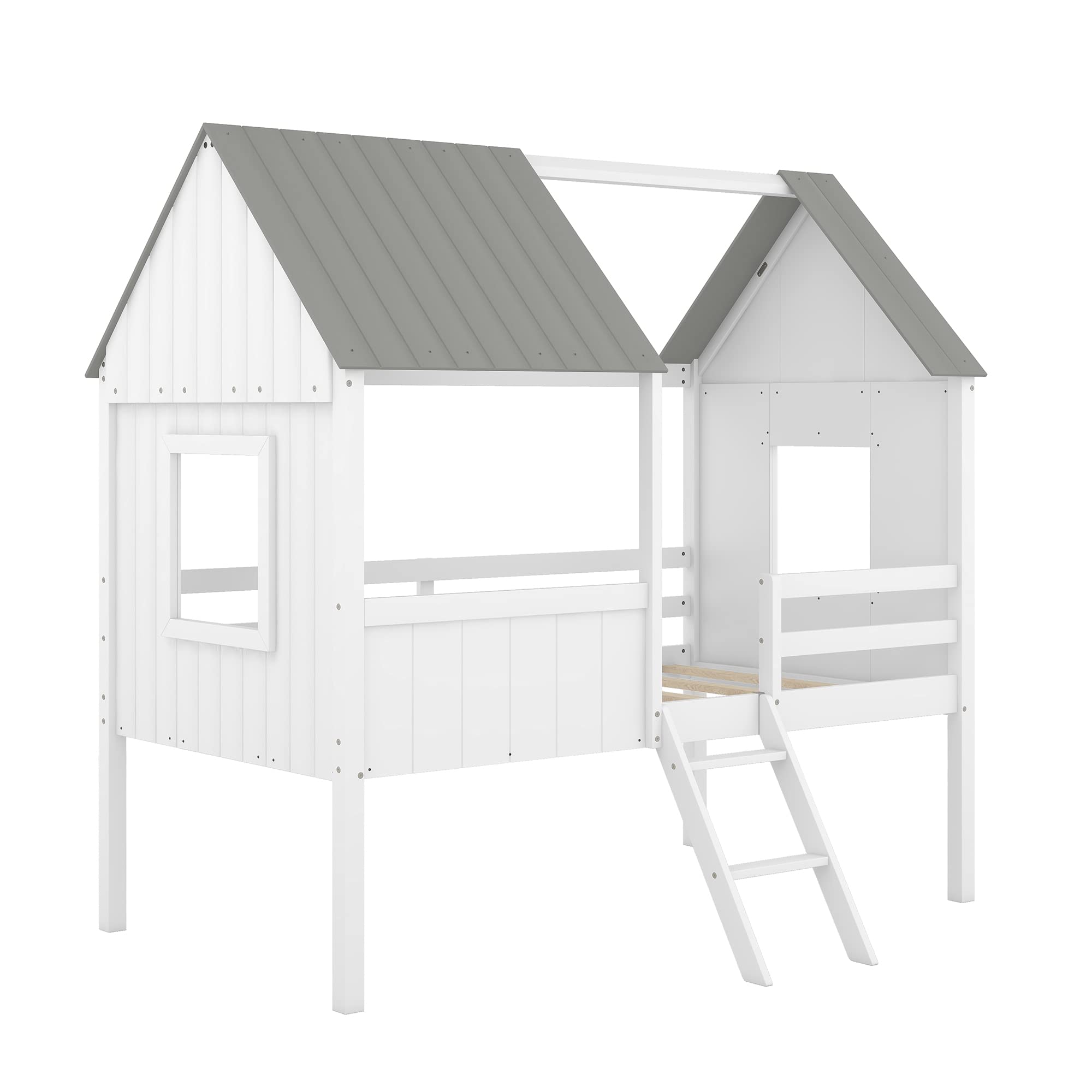 Harper & Bright Designs House Twin Bed for Kids, Low Loft Bed Frame Twin Size, Wood Kids Twin House Bed with Two Side Windows and Roof for Kids,Teens, Girls & Boys, No Box Spring Needed (White+Gray)