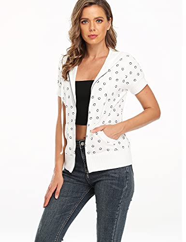 Dilgul Women's Short Sleeve Hoodie Full Zip Up Jacket Casual Sweatshirt Kanga Pocket White XL