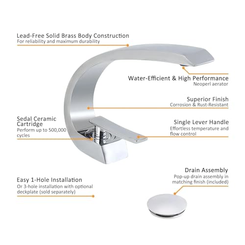 Homary 1-Handle Bathroom Sink Faucet with Pop Up Drain One Hole Deck Mount Curved Lavatory Faucet Mixer Tap, Solid Brass Chrome