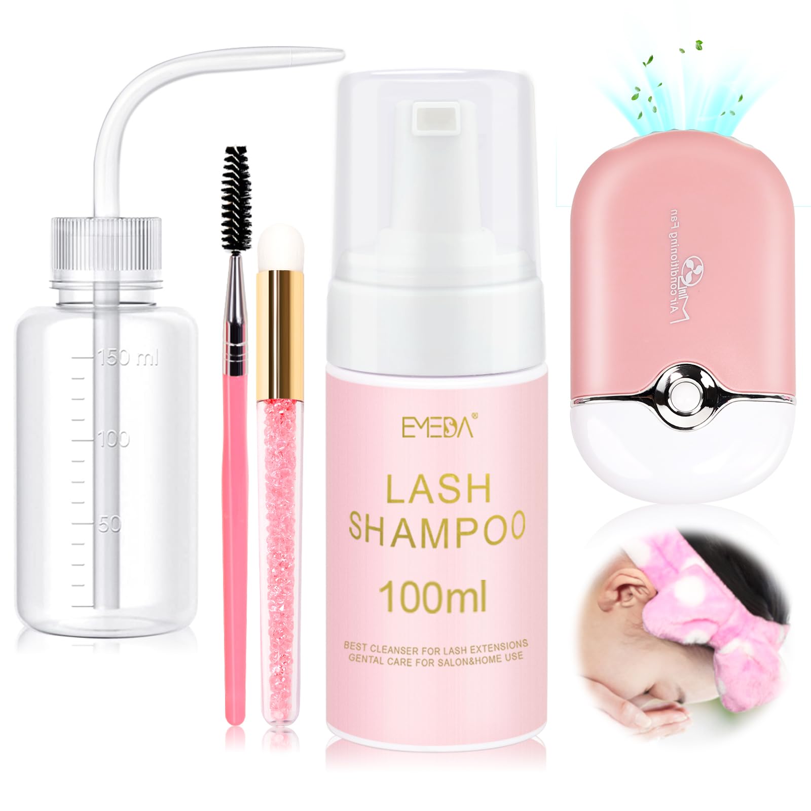 EMEDA Lash Shampoo for Extensions Cleaning Bath Kit for Cluster Lashes, Fan Brush Wash Bottle Hair Band, Oil Free Foam Soap Cleaner, Eyelash Cleanser