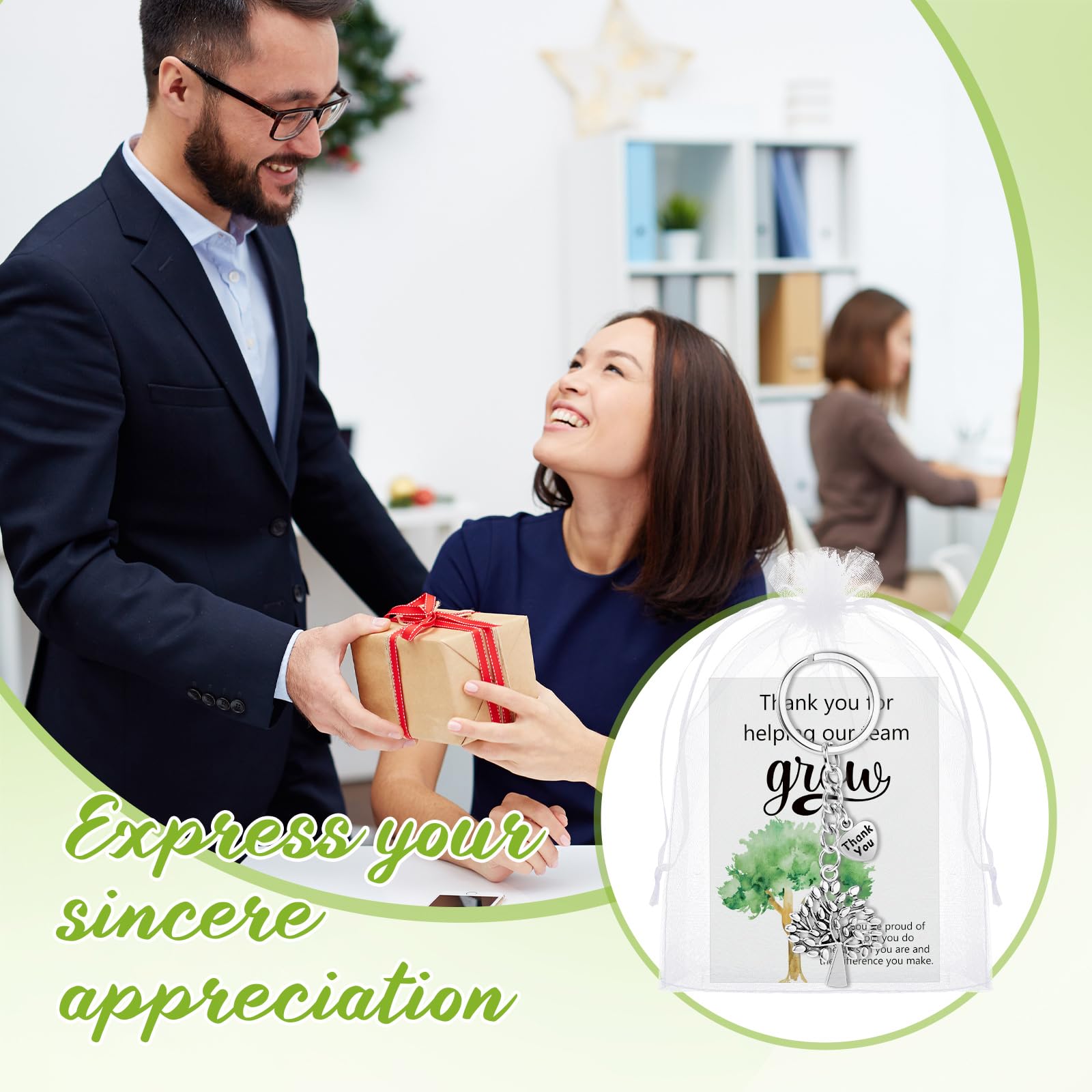 Landical 50 Sets Team Appreciation Gifts Tree Keychains Thank You Card Organza Bag Good Luck Keychain for Employee Coworker