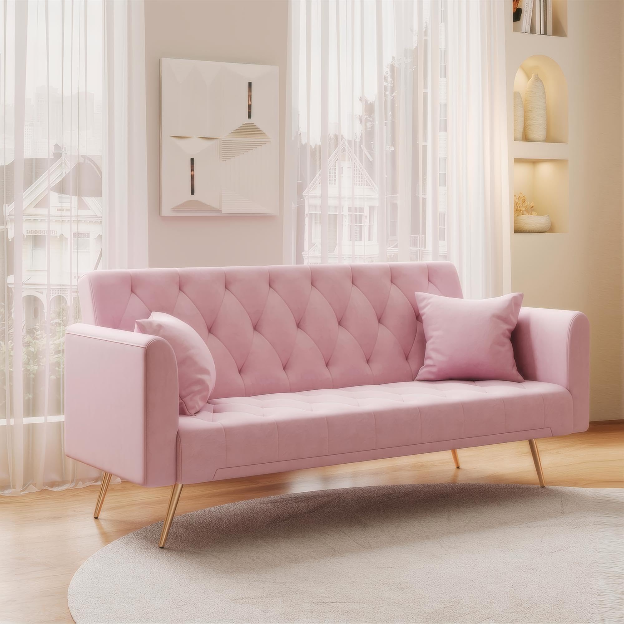 Modern Velvet Sofa Bed Futon with 2 Pillows,2-in 1 Convertible Sleeper Couch Bed,Folding Recliner Loveseat with Golden Metal Legs for Living Room Apartment Office (Pink) (Light Pink)