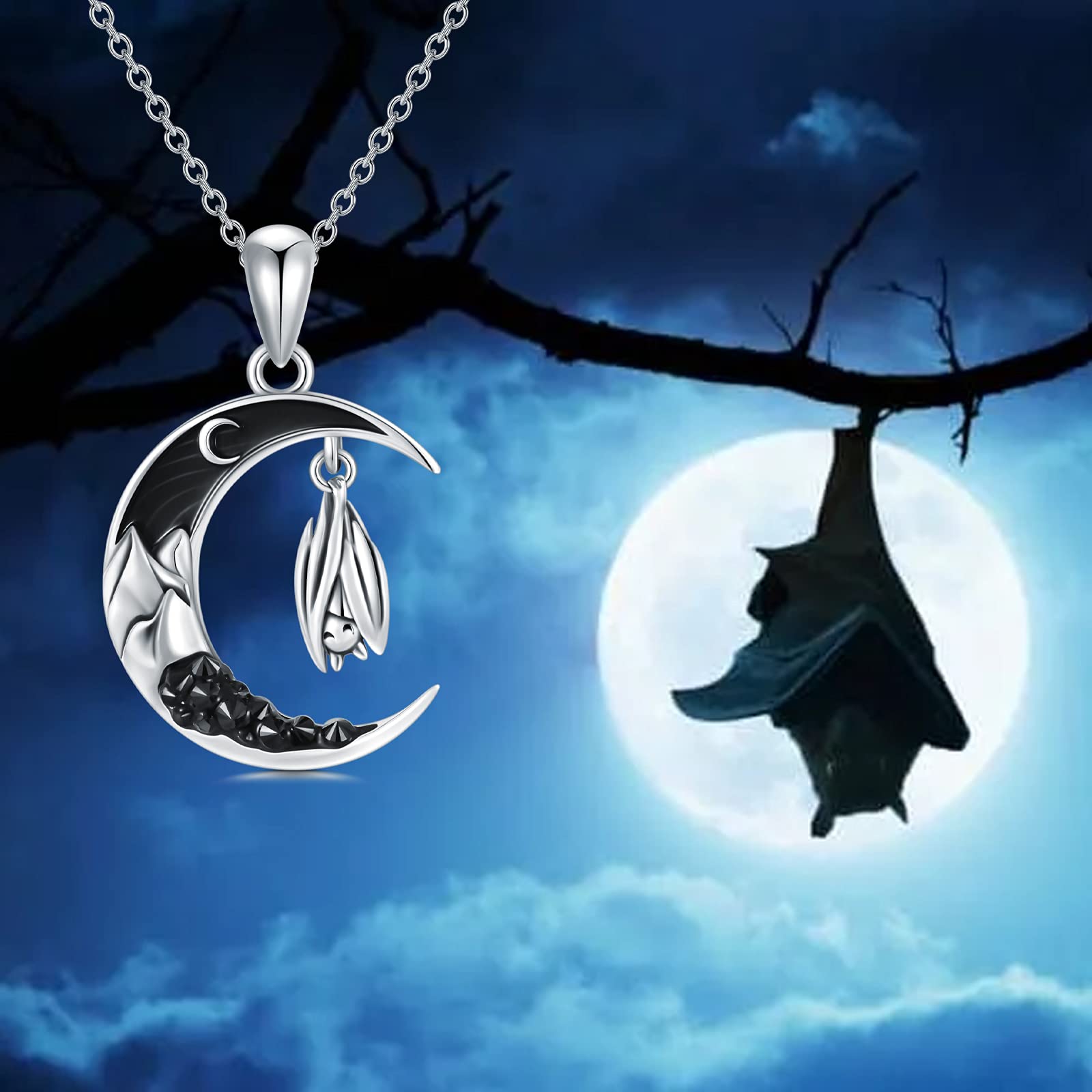 Flpruy Bat Crescent Moon Necklace 925 Sterling Silver Gothic Pendant Black CZ Mountain Necklace Jewelry for Women