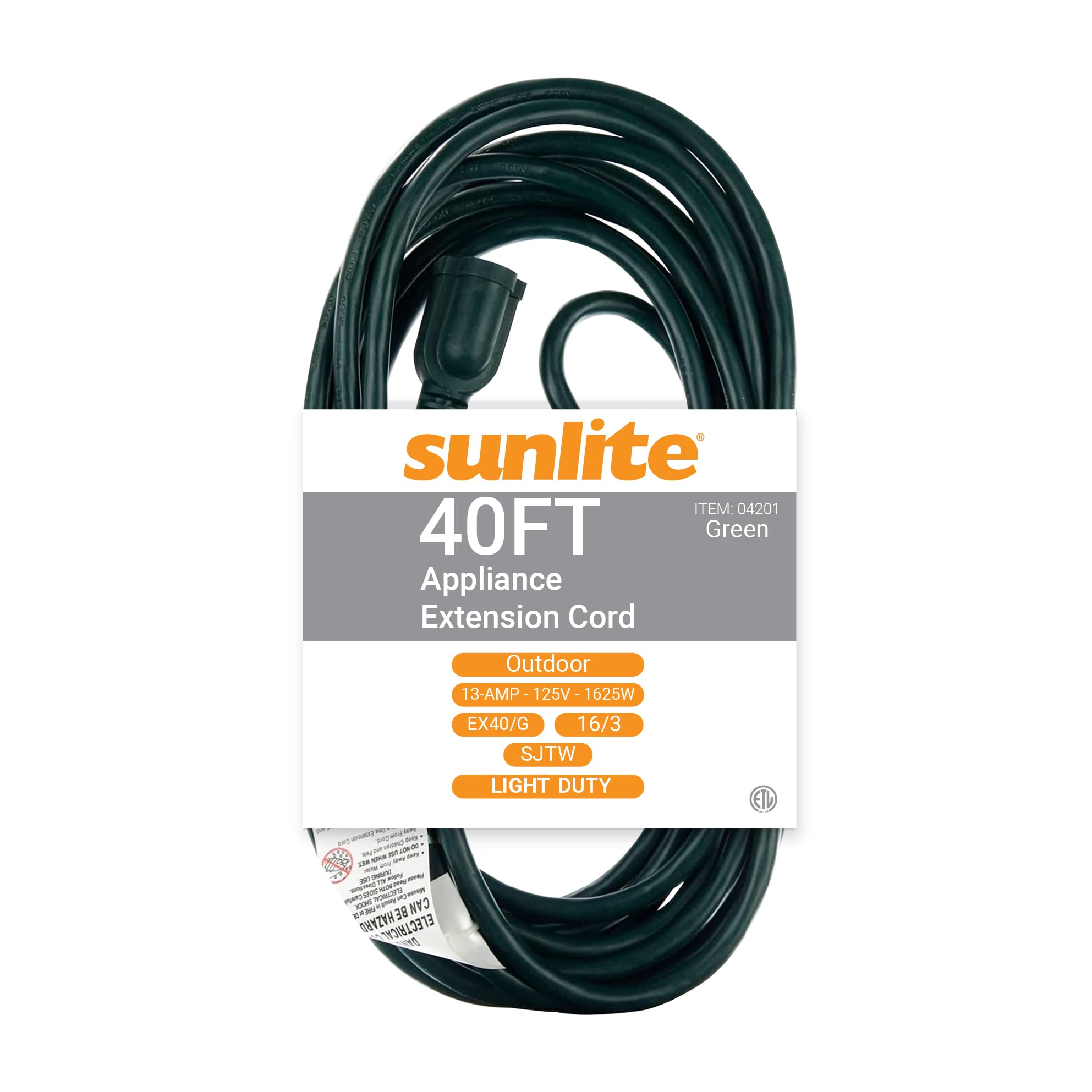 Sunlite 04201-SU 40-Foot Outdoor Extension Cord Three Grounded Sockets, Light Duty, Long Power Wire, for Appliances, Electronics, UL Listed, Meets OSHA Standards, Green