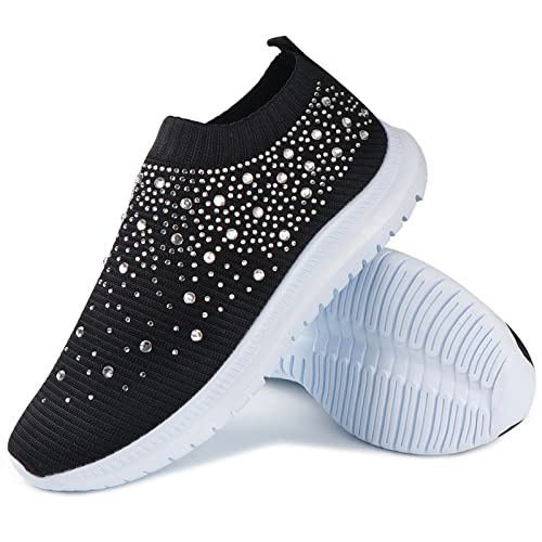 Dimleen Womens Rhinestones Glitter Fashion Mesh Walking Shoe Breathable Slip-on Loafers Non-slip Orthopedic Arch Support Sock Sneaker (black,10,Women,10)